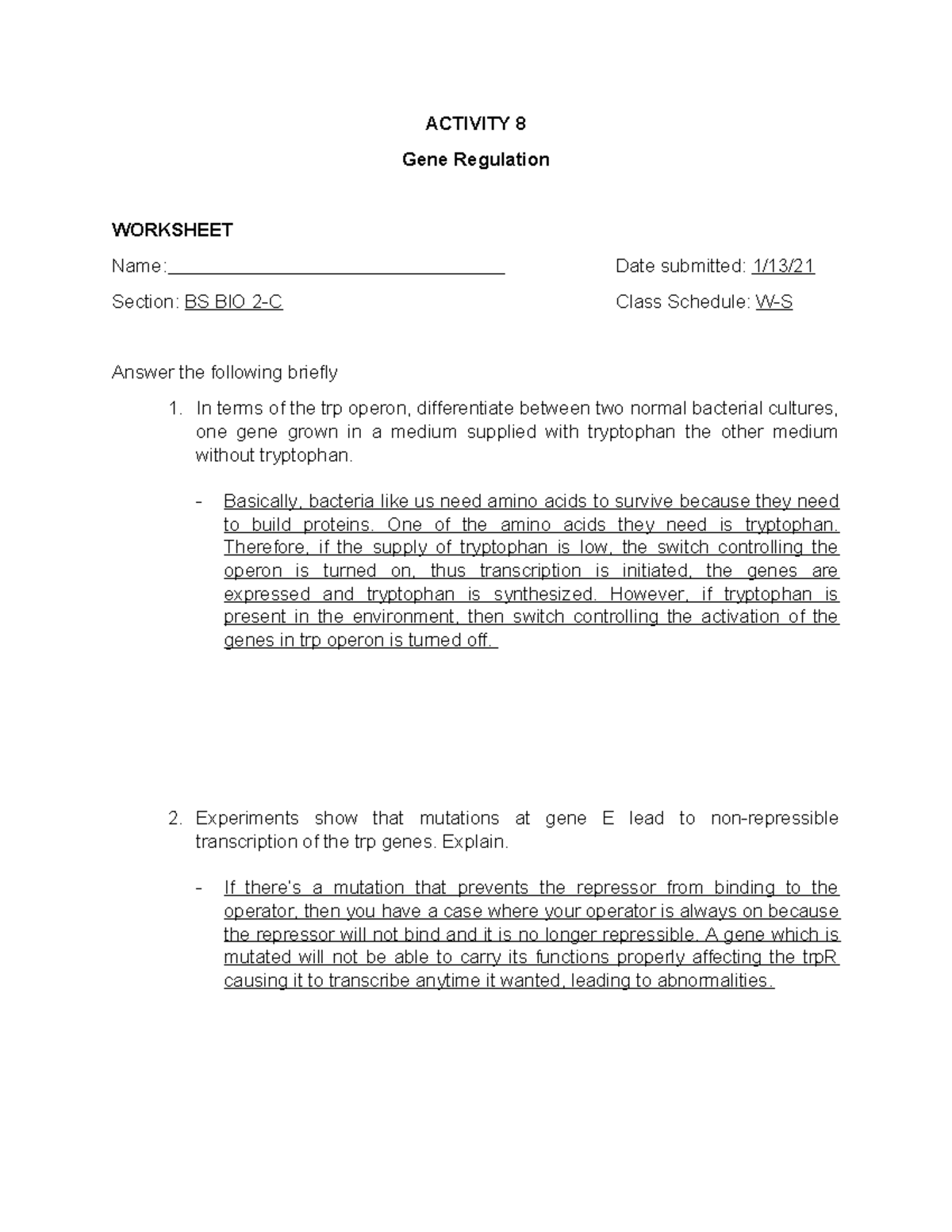 Activity 8. group 2 - ACTIVITY 8 Gene Regulation WORKSHEET Name: Date ...