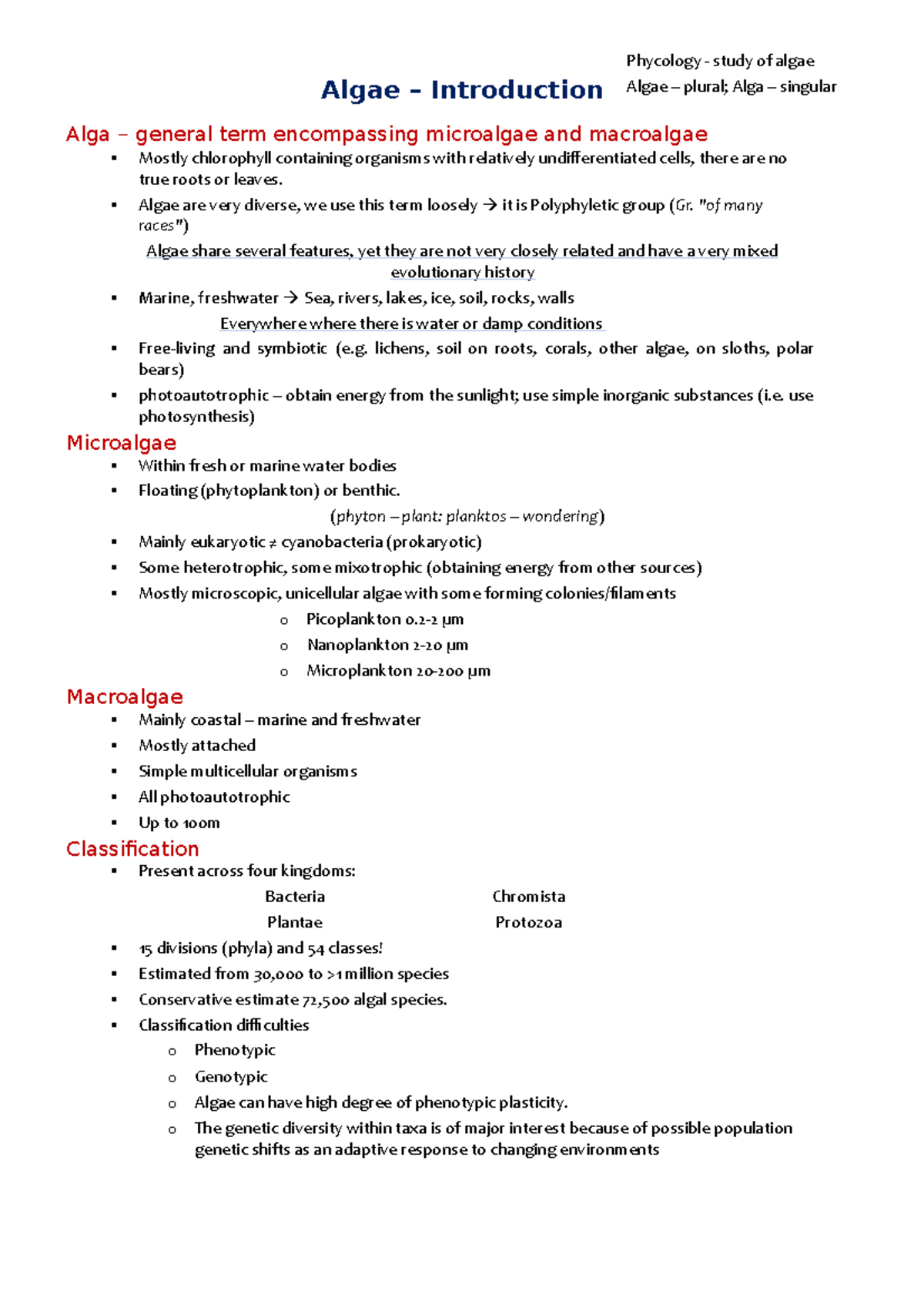 Algae introduction - Algae – Introduction Alga – general term ...