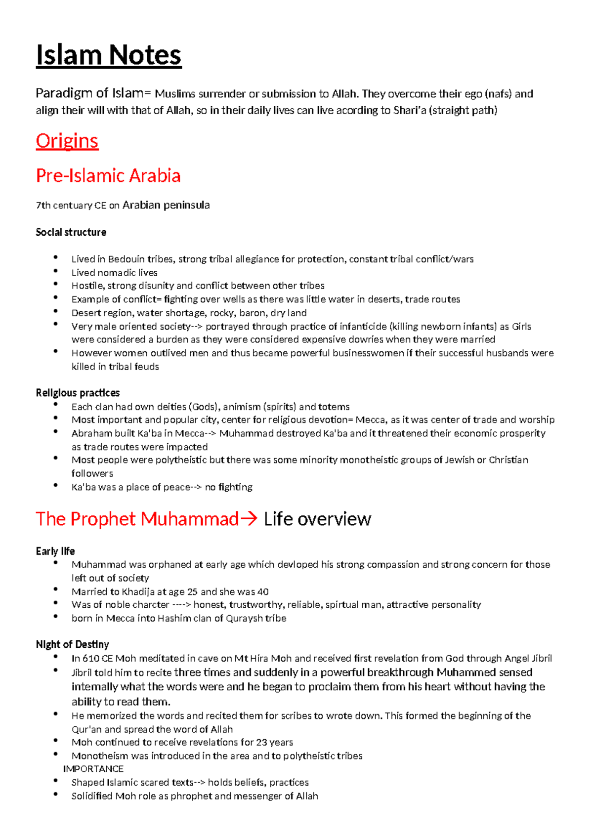Islam Notes - wewe d - Islam Notes Paradigm of Islam= Muslims surrender ...