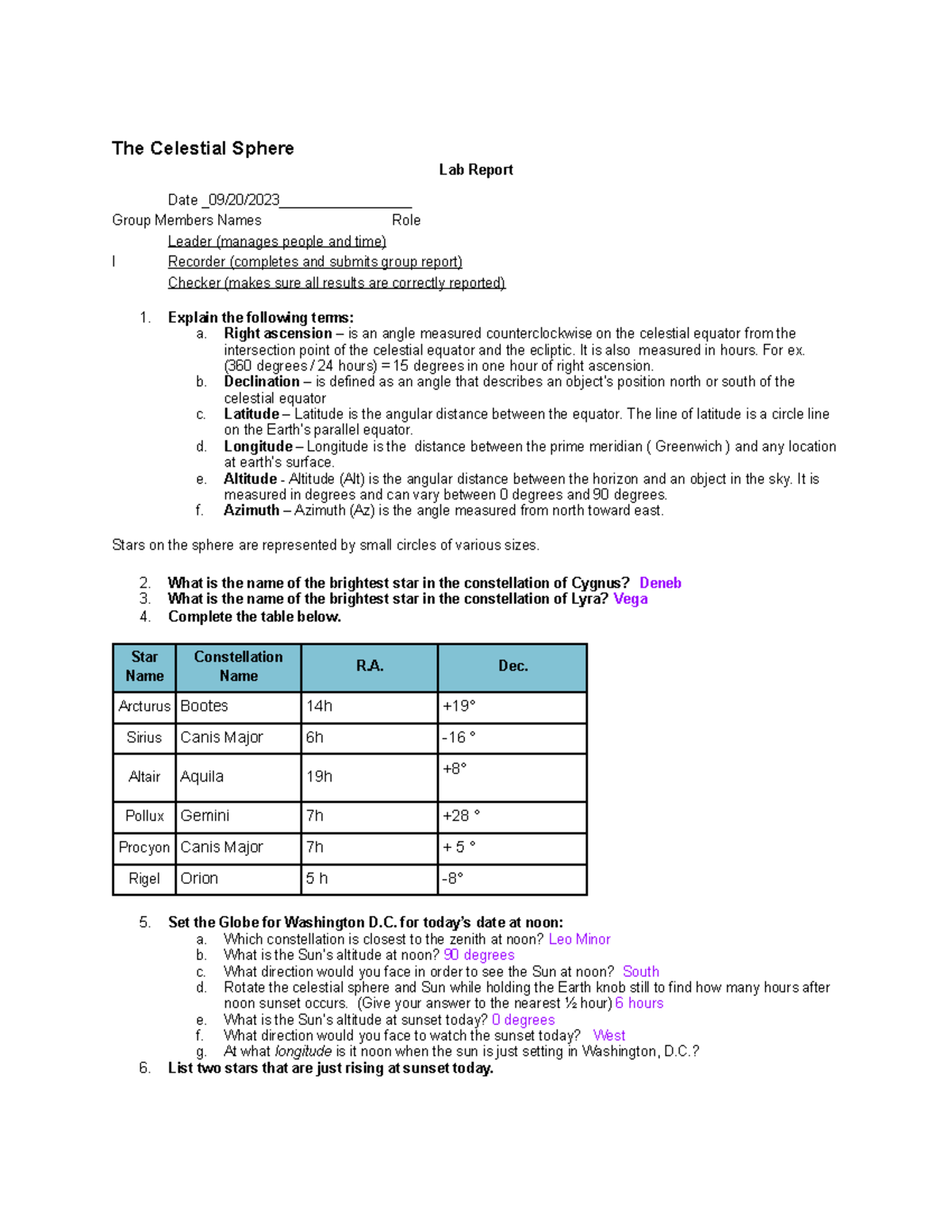 The Celestial Sphere Lab Report - The Celestial Sphere Lab Report Date ...