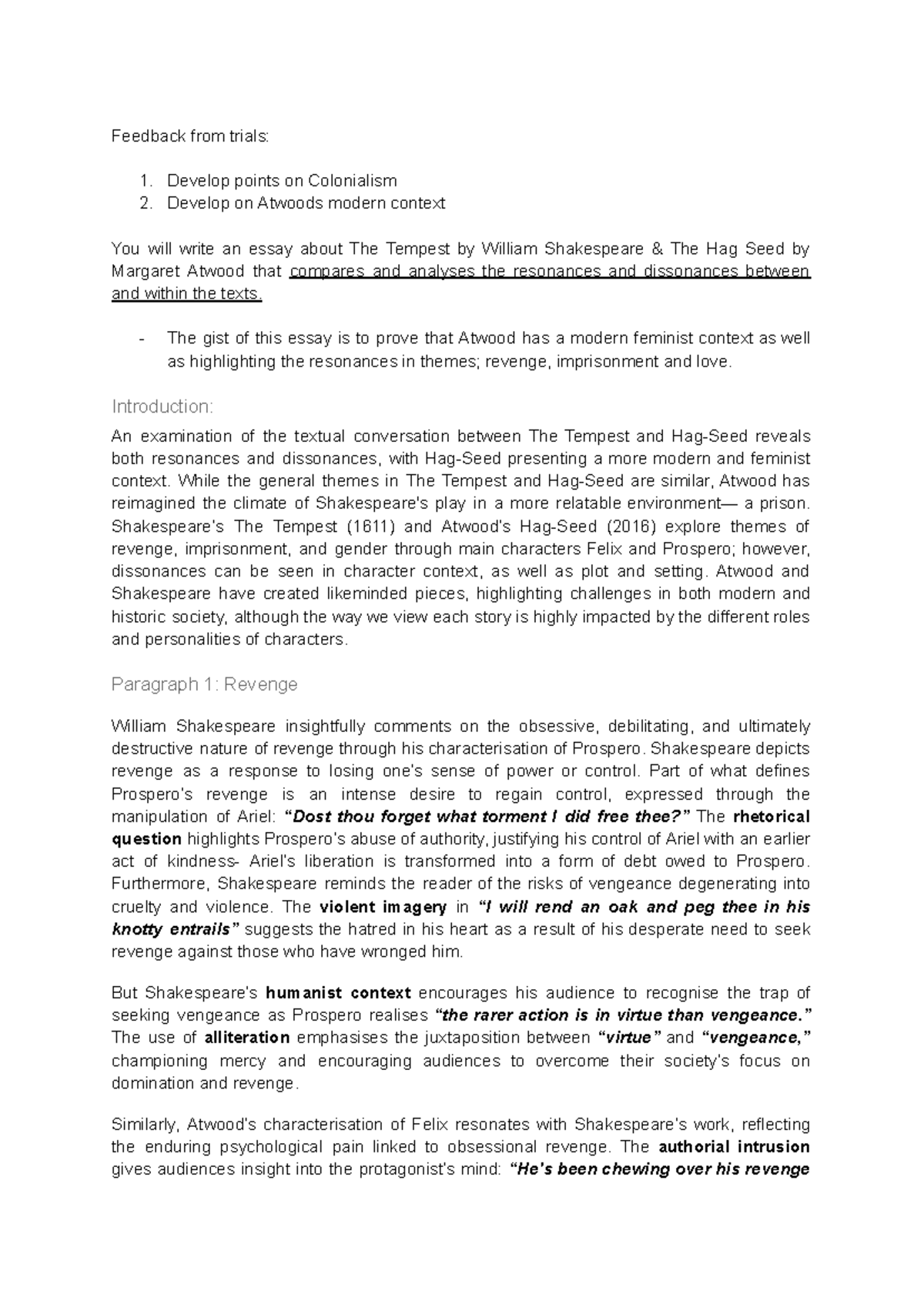 Hagseed Tempest Essay - Feedback from trials: 1. Develop points on ...
