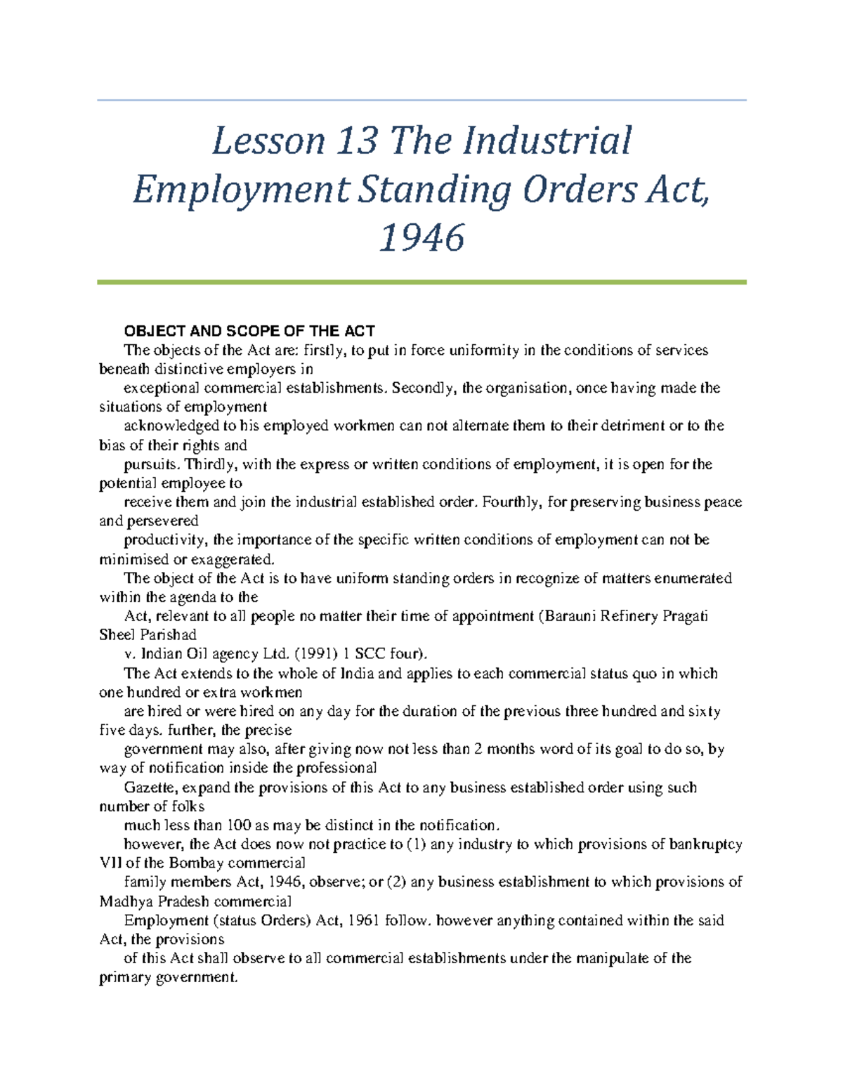 Lesson 13 The Industrial Employment Standing Orders Act - Lesson 13 The ...