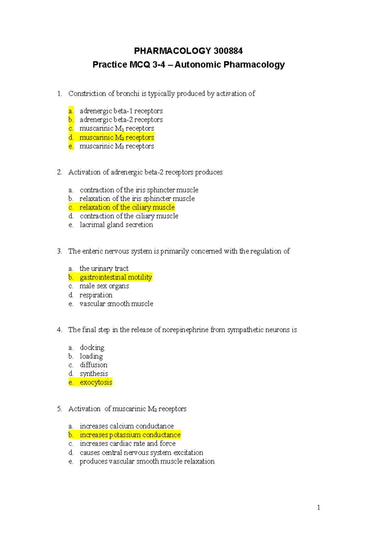 Sample/practice exam 2016, questions and answers - PHARMACOLOGY 300884 ...