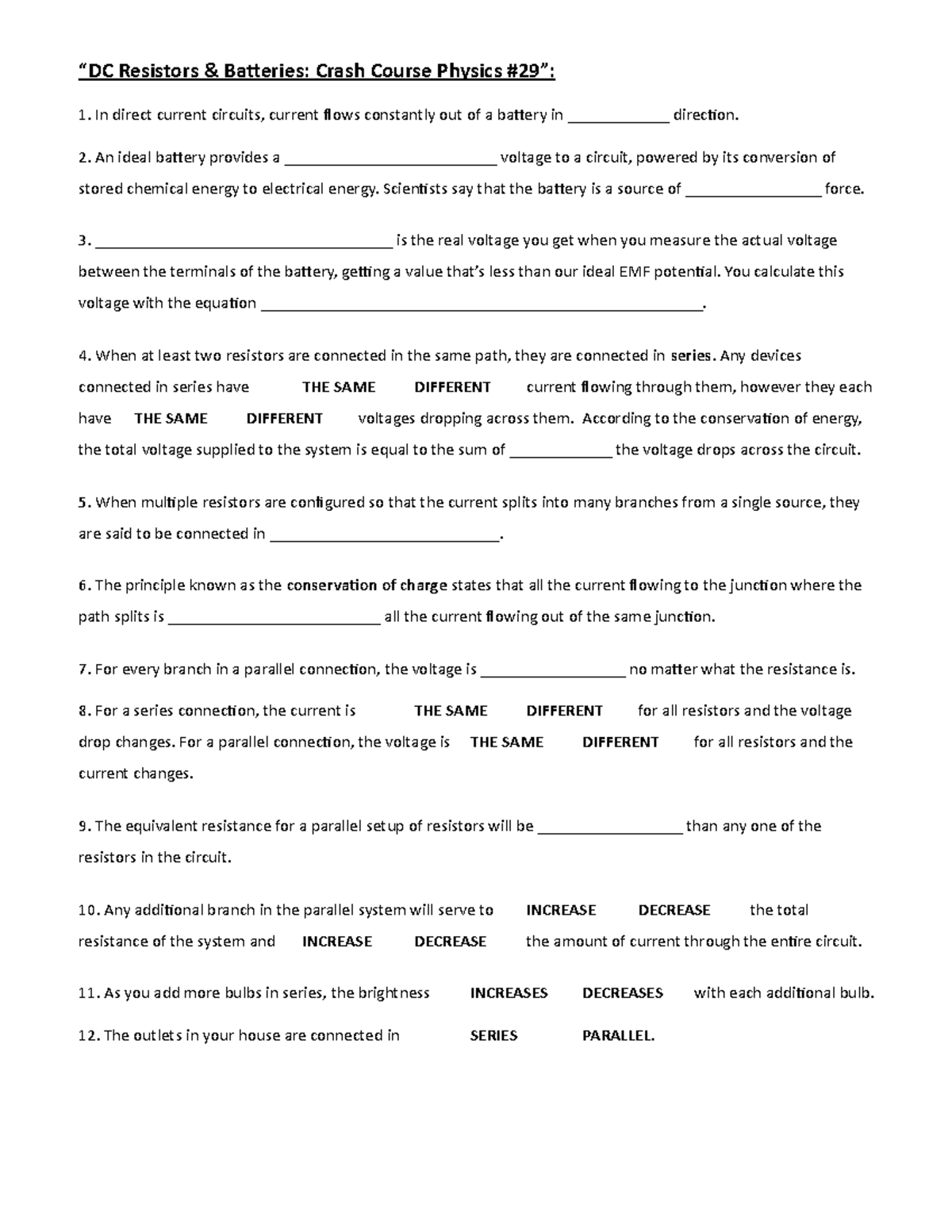 29 DC Resistors physics worksheet - “ DC Resistors & Batteries: Crash ...