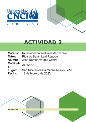 Act 2 relaciones laborales - UNIVERSIDAD CNCI VIRTUAL Materia Relaciones individuales de trabajo ...