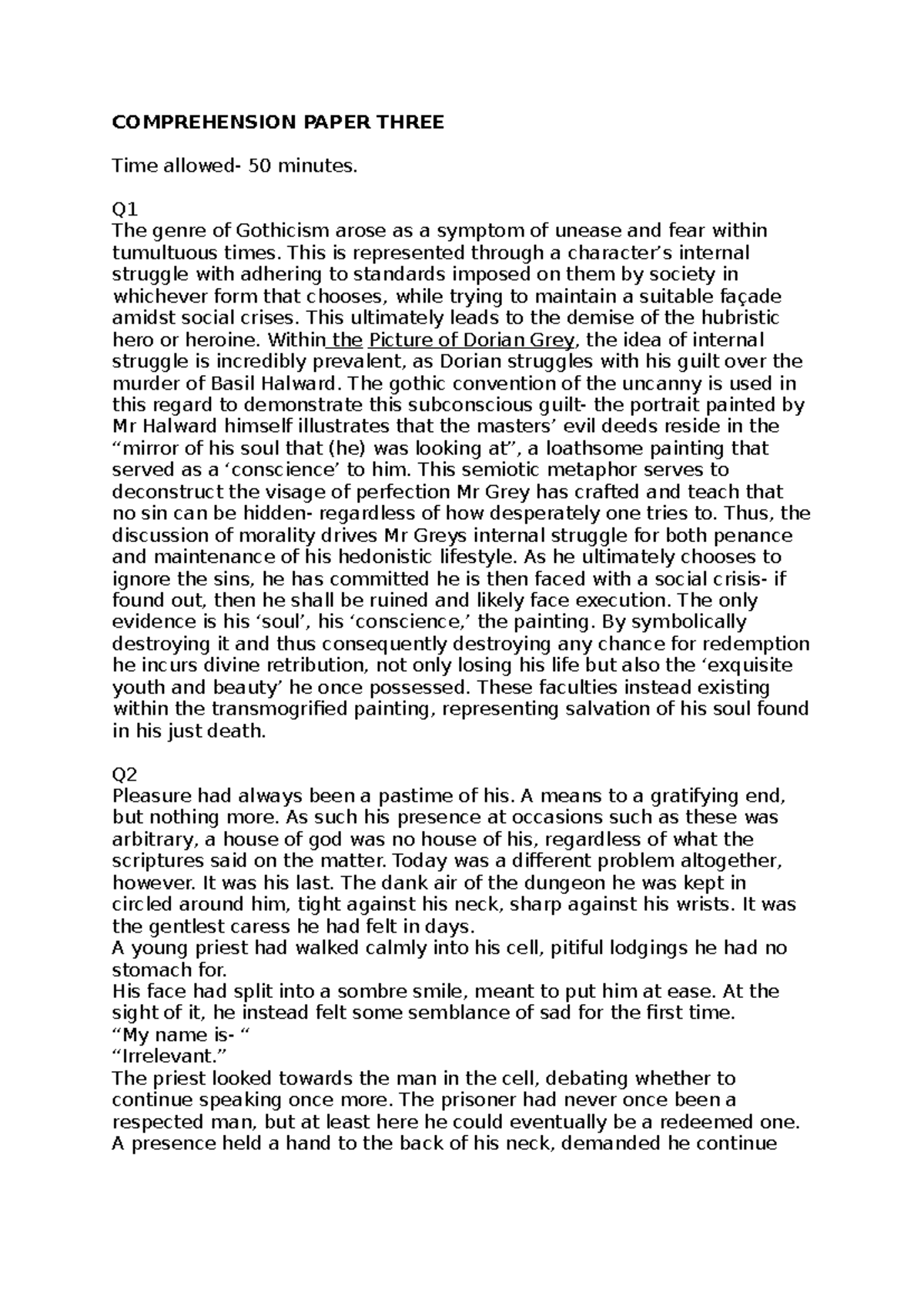 Comprehension Paper Three - COMPREHENSION PAPER THREE Time allowed- 50 ...