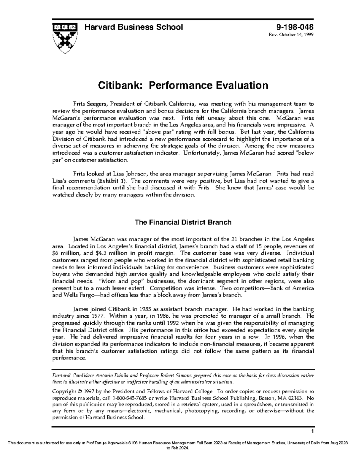 Citibank Perf mgmt - Harvard Business School 9-198- Rev. October 14 ...