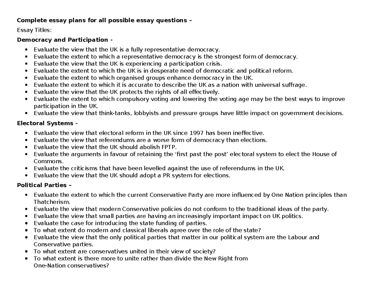 Essay plans - a range of titles and plans - Complete essay plans for ...