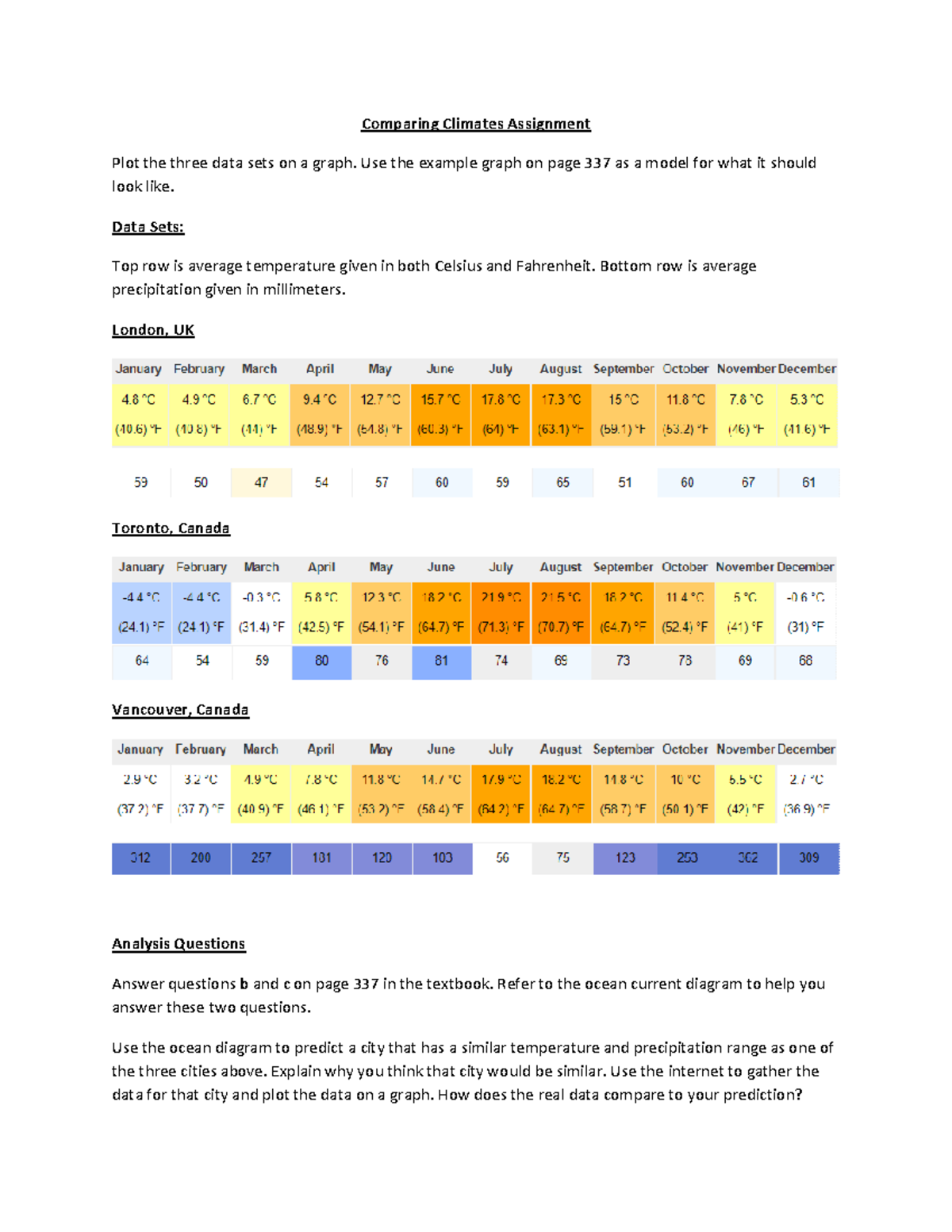Comparing Climates Assignment - Use the example graph on page 337 as a ...