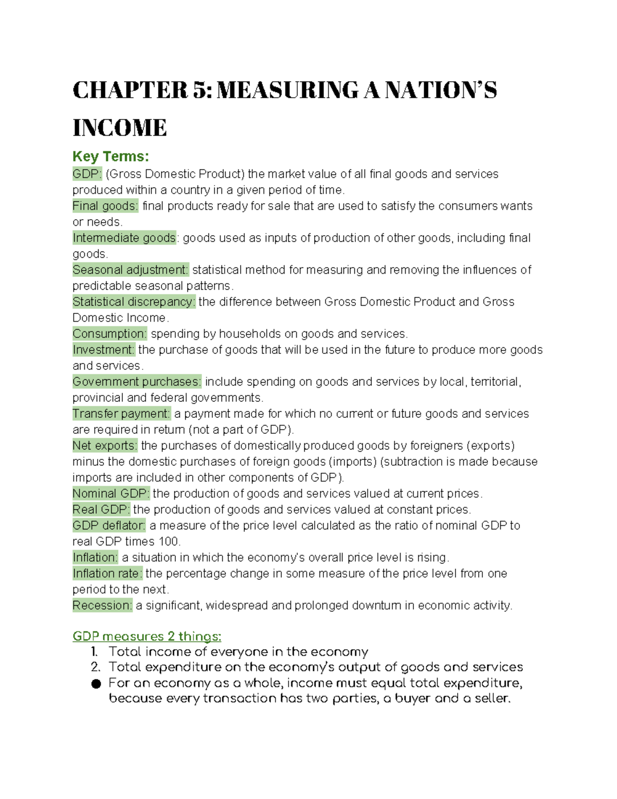 Chapter 5 Measuring a Nation's Income - CHAPTER 5: MEASURING A NATION’S INCOME Key Terms: GDP ...