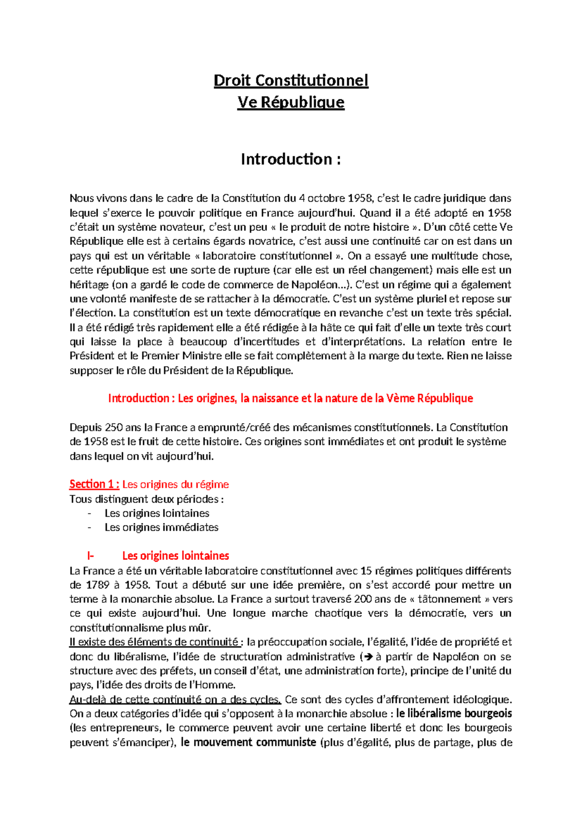 Résume du cours n1 - Droit Constitutionnel Ve République Introduction ...