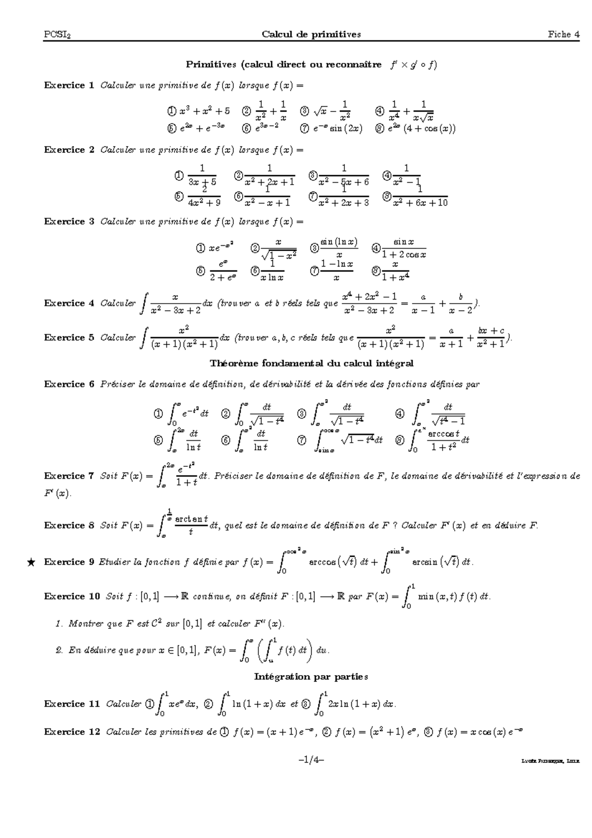 Calcul des primitives exercices non corriges - Primitives (calcul ...