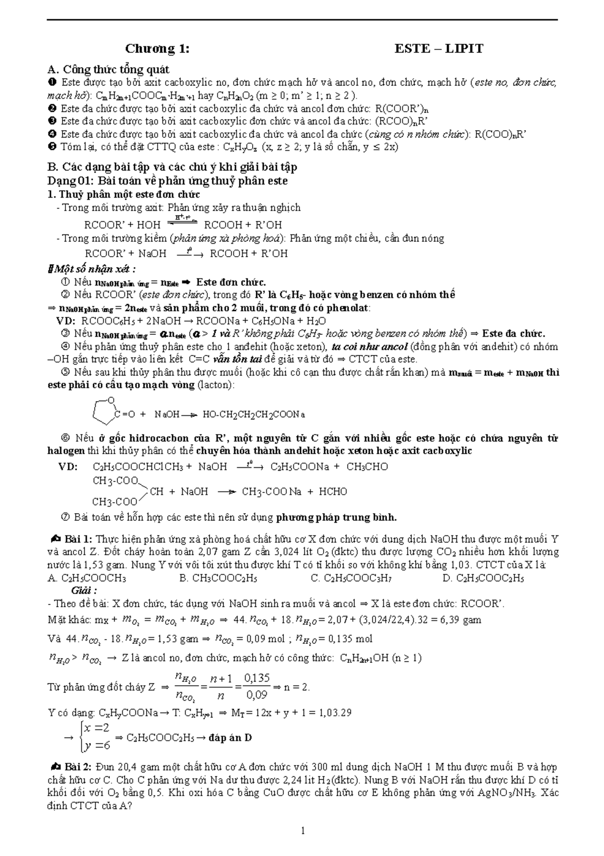 Phan dang bai tap estelipit - Chương 1: ESTE – LIPIT A. Công thức tổng quát Este được tạo bởi ...