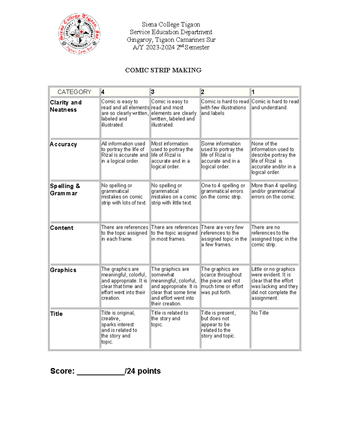 Rubric 1 comicstrip - Siena College Tigaon Service Education Department ...