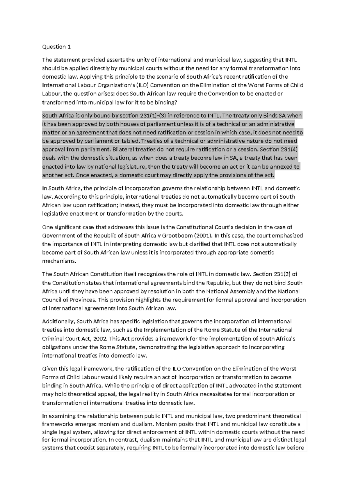 INTL Test Brief Answers - Question 1 The statement provided asserts the ...