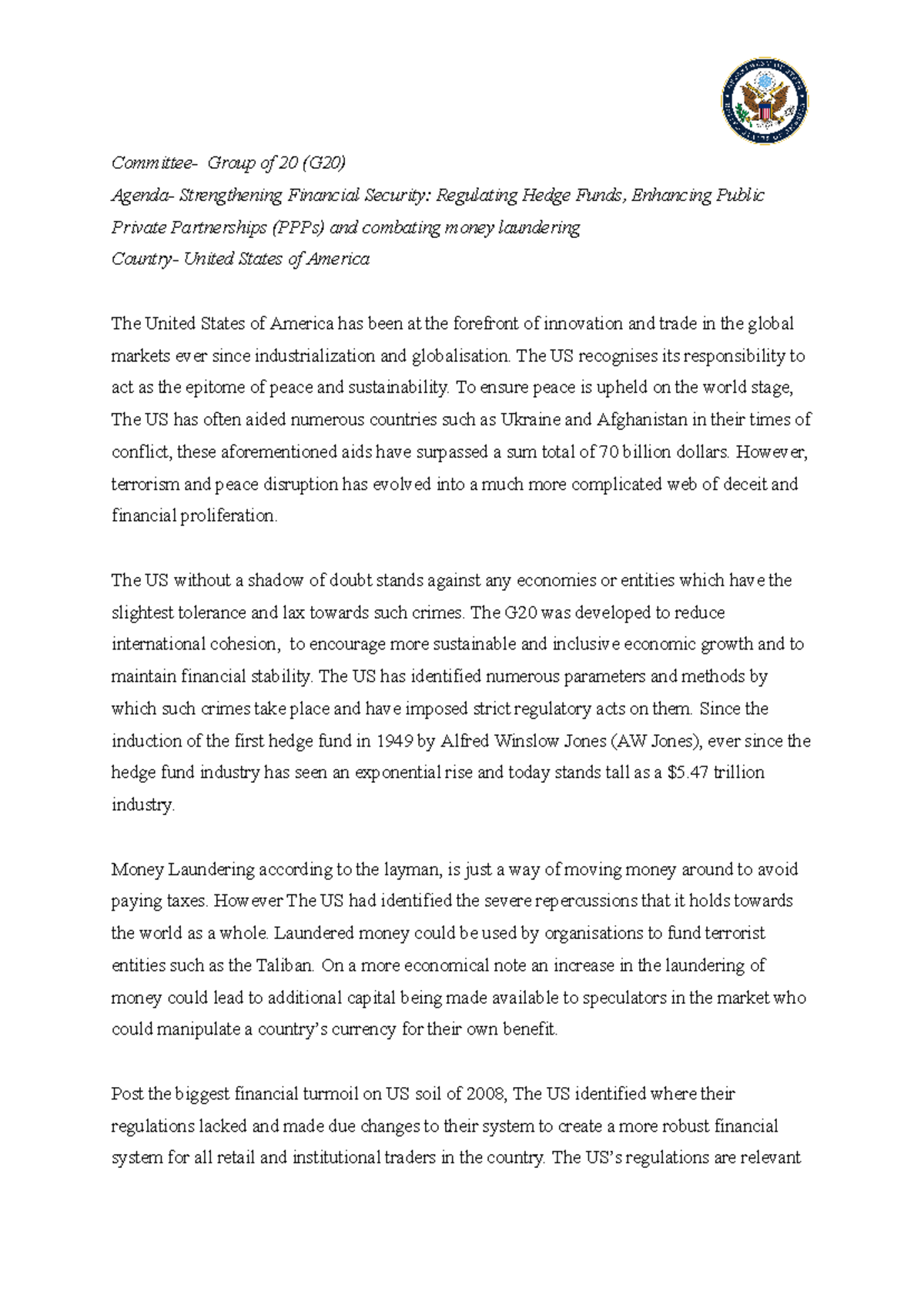 Position paper - AVDAQFCAWFEQ - Committee- Group of 20 (G20) Agenda ...