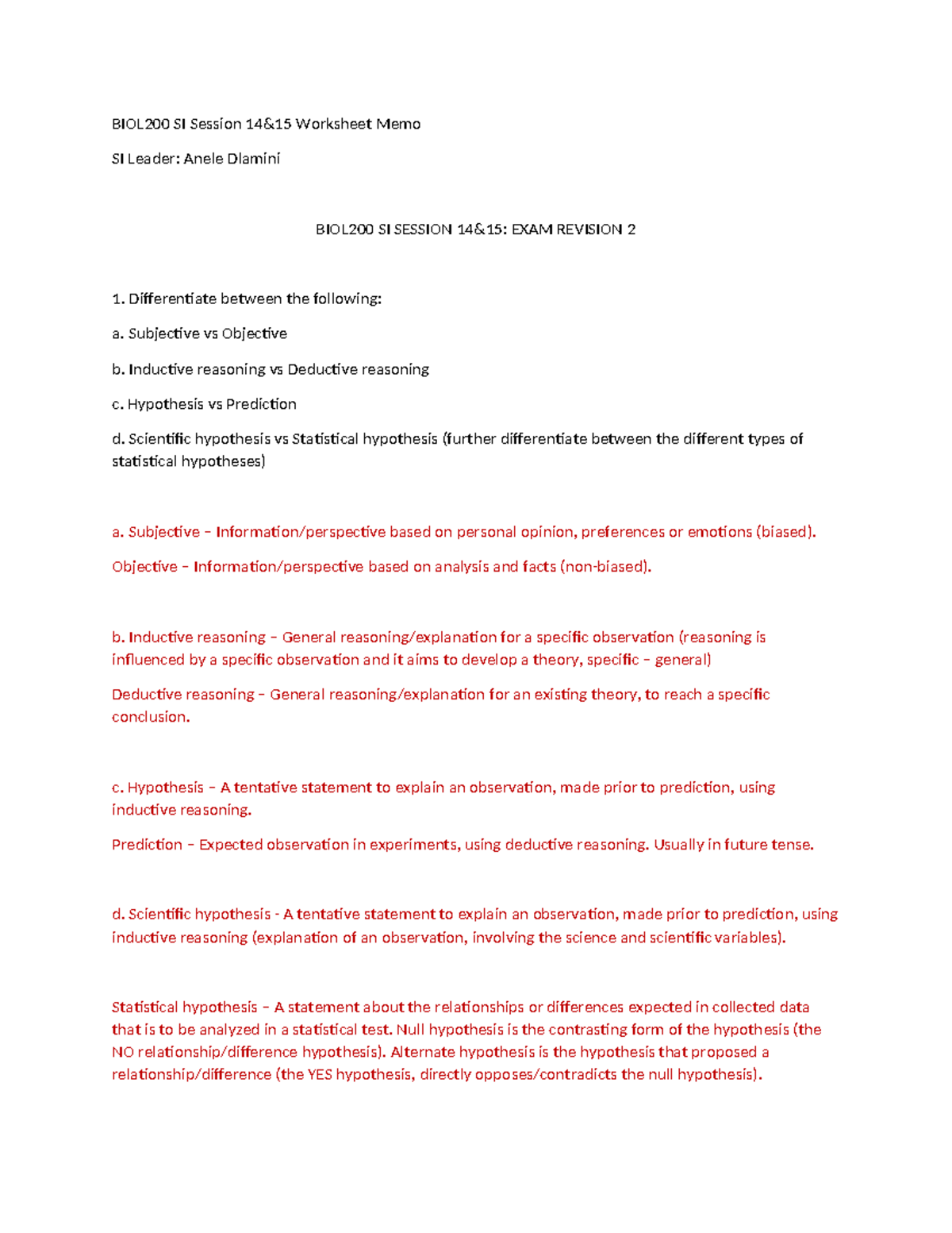 BIOL200 SI Session 14 AND 15 Worksheet MEMO - BIOL200 SI Session 14&15 ... BIOL200 SI Session 14 AND 15 Worksheet MEMO - BIOL200 SI Session 14&15 ...