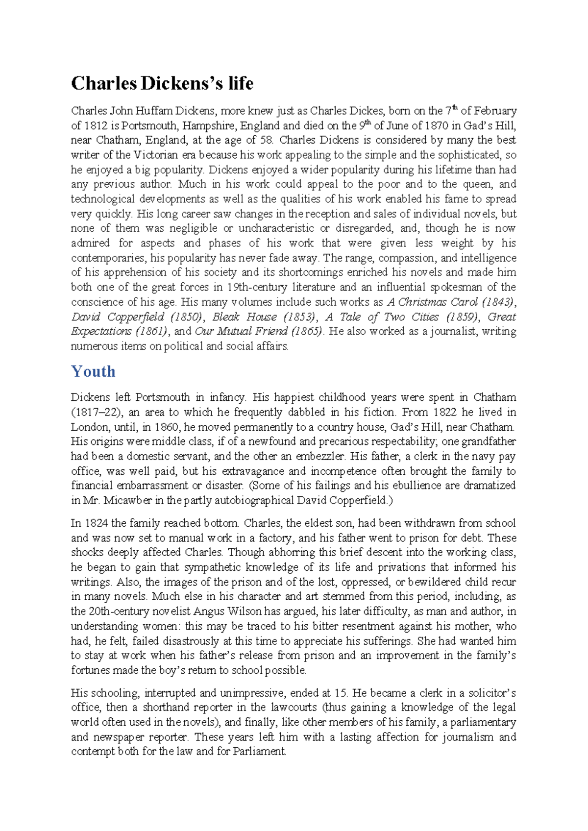 Charles Dickens ing - Charles Dickens’s life Charles John Huffam ...