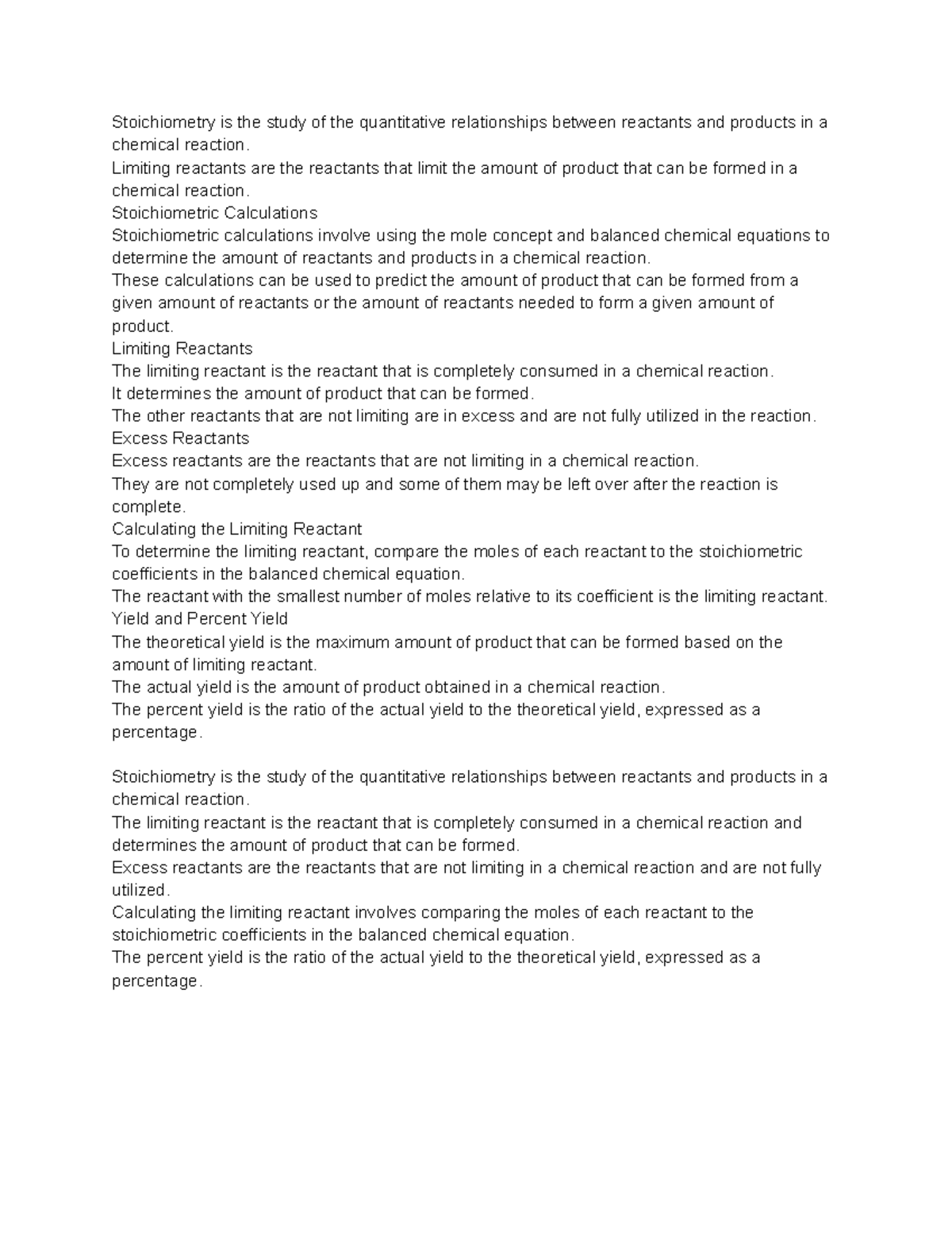 Stoichiometry and Limiting Reactants Notes - Stoichiometry is the study ...