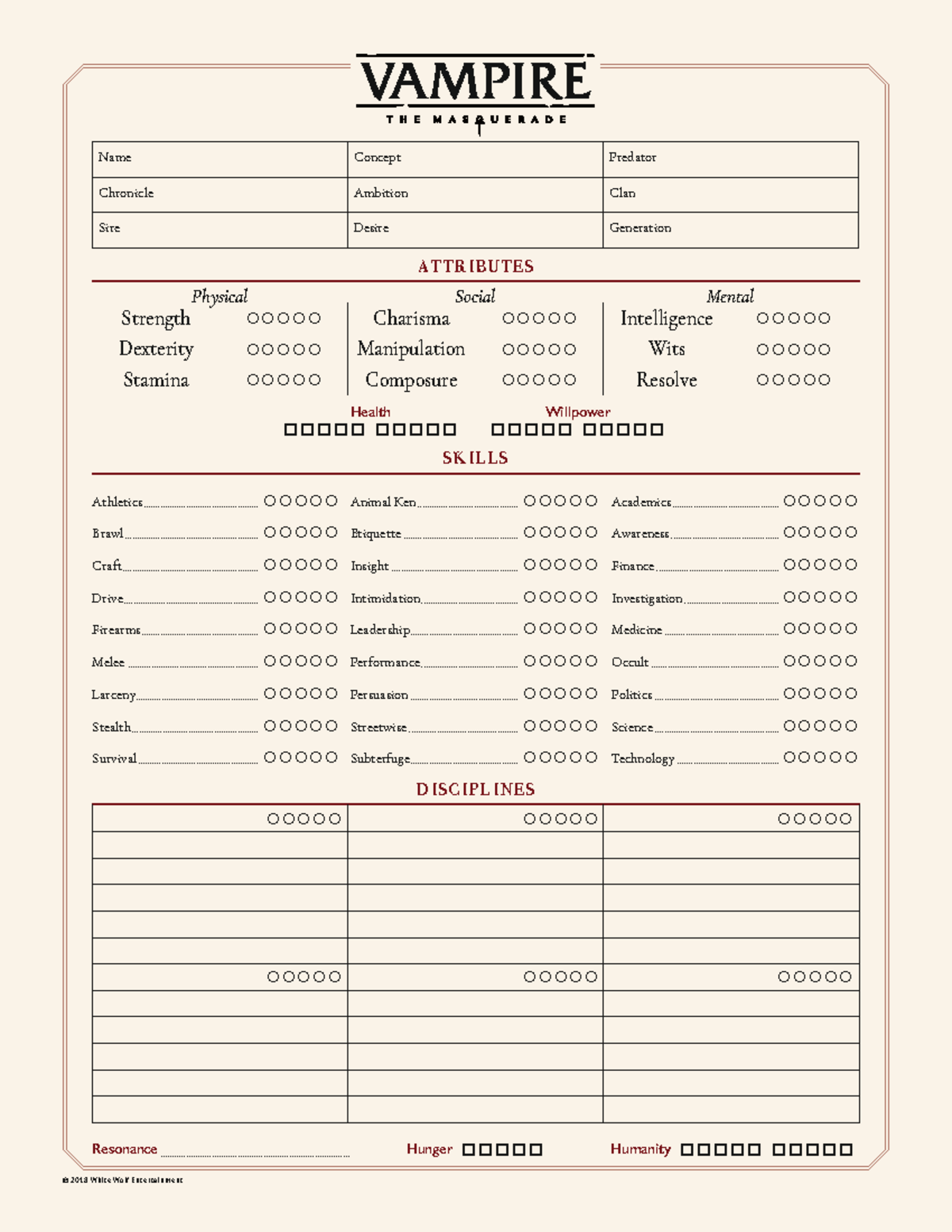 V5 charactersheet fillable v2 - © 2018 White Wolf Entertainment Name ...