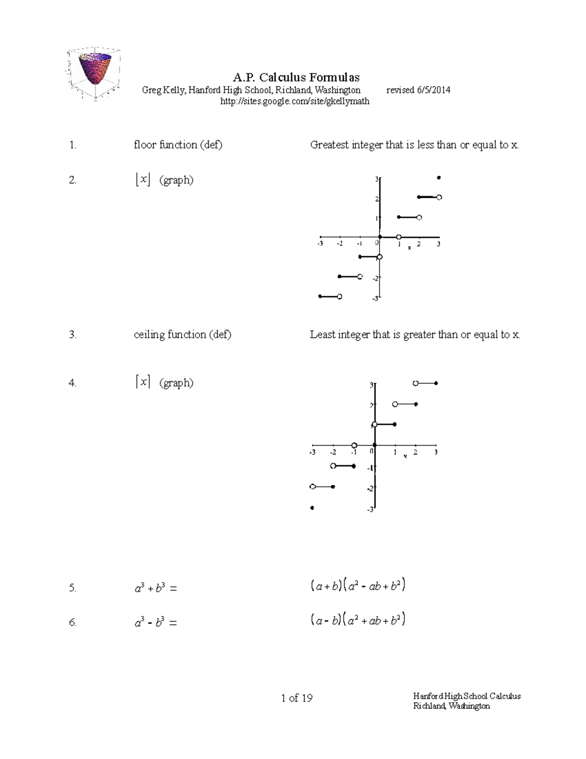 Calculus Formulas - assignments - A. Calculus Formulas Greg Kelly ...