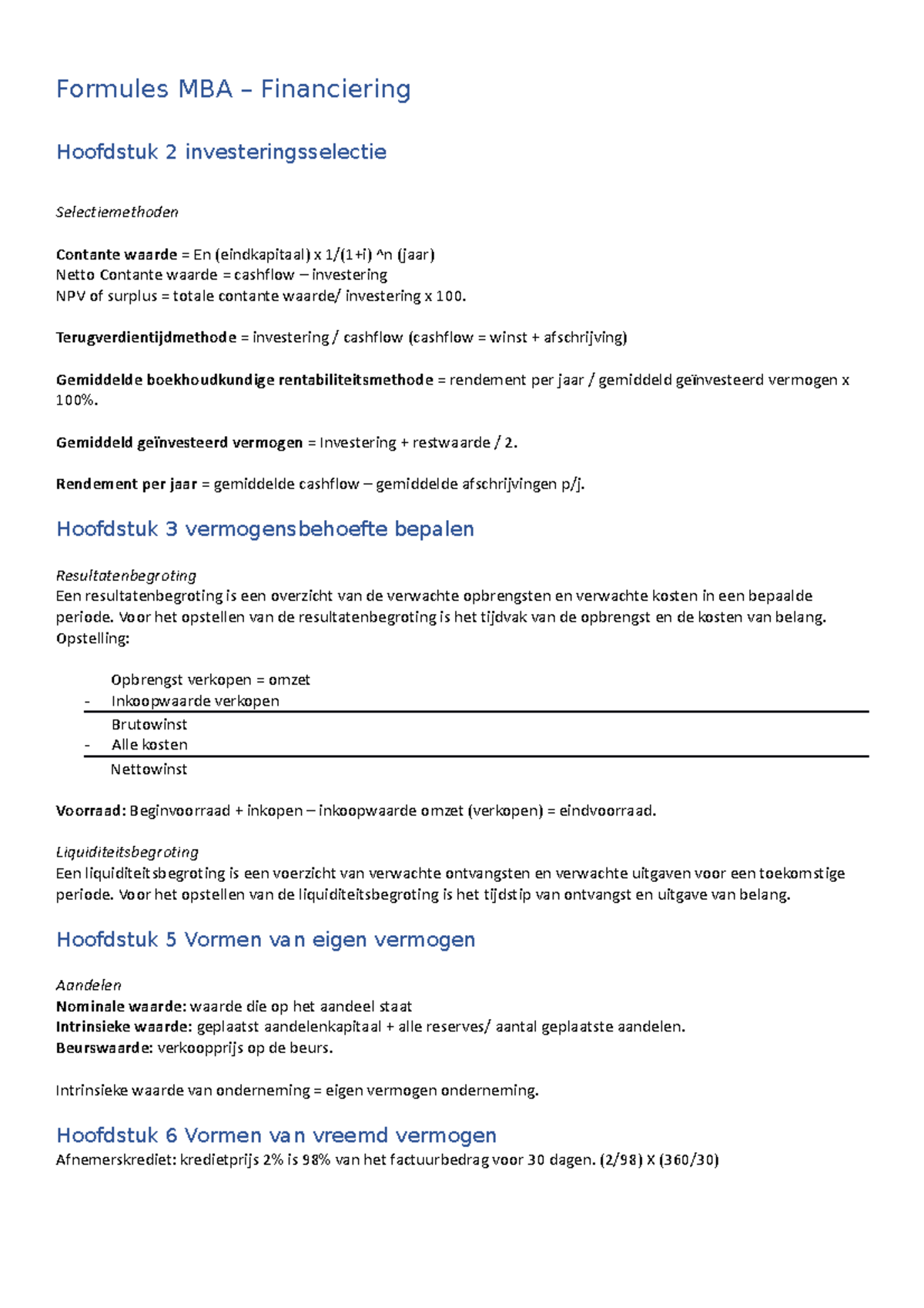 Samenvatting formules - Formules MBA – Financiering Hoofdstuk 2 ...