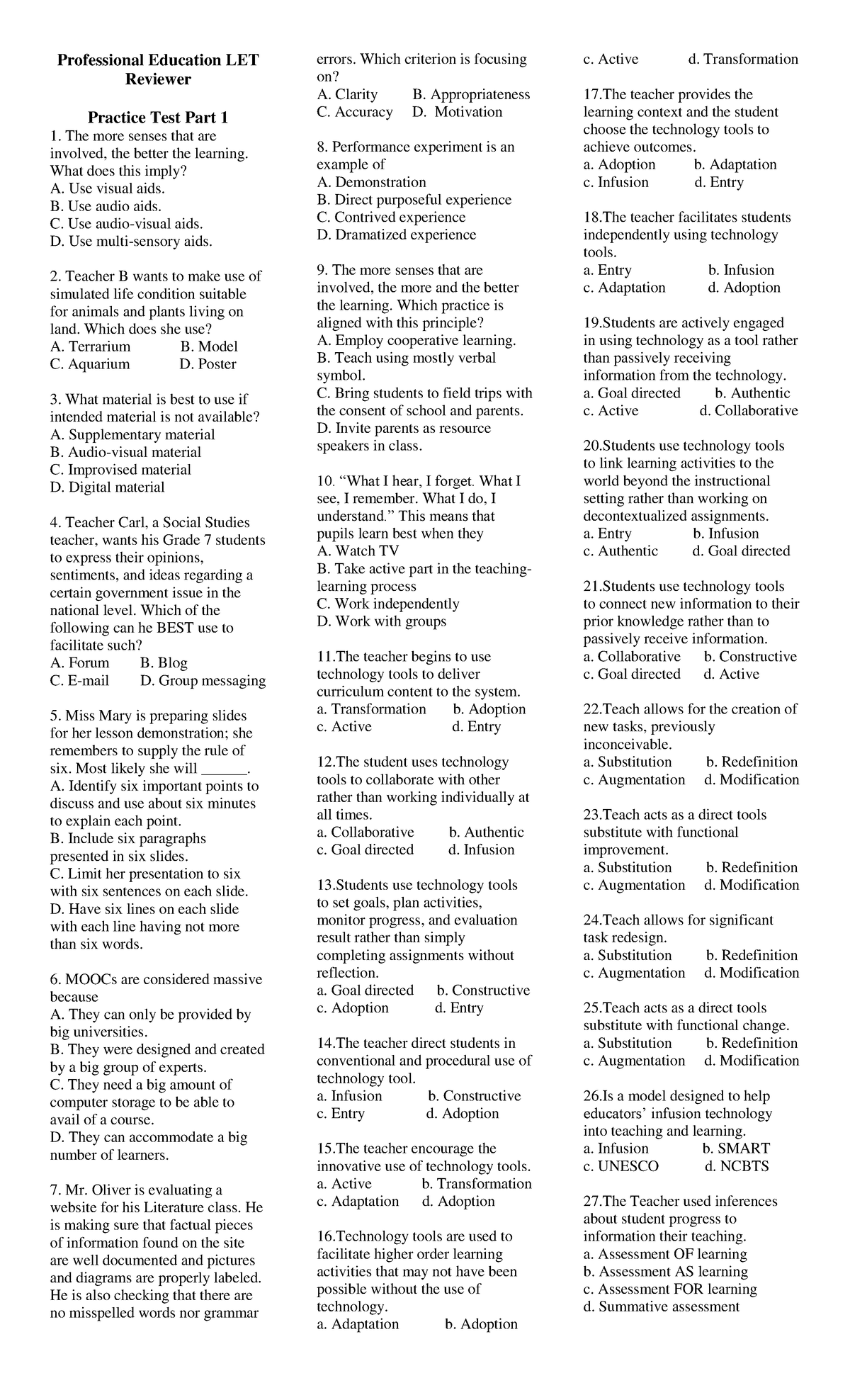 Professional Education.2(Practice Tests) - Professional Education LET ...