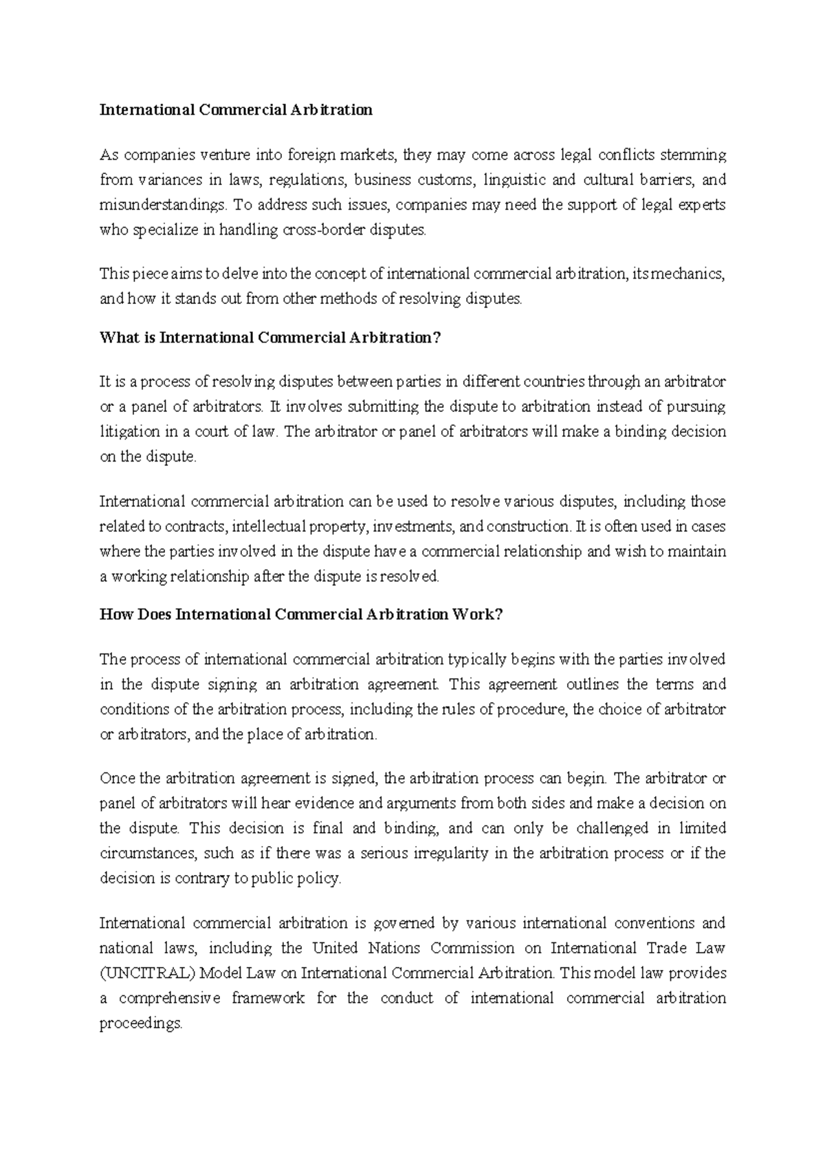 International Commercial Arbitration - To address such issues ...
