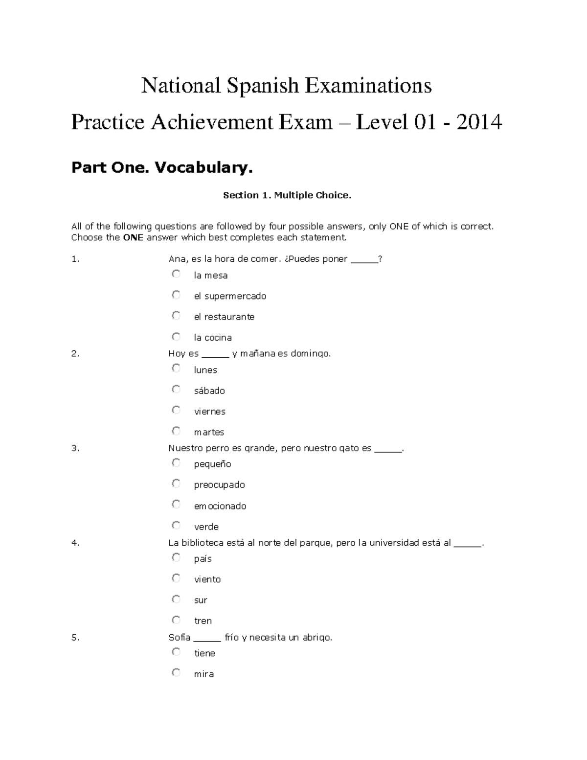 2014 National Spanish Examinations - Achievement - Level 01 Student ...