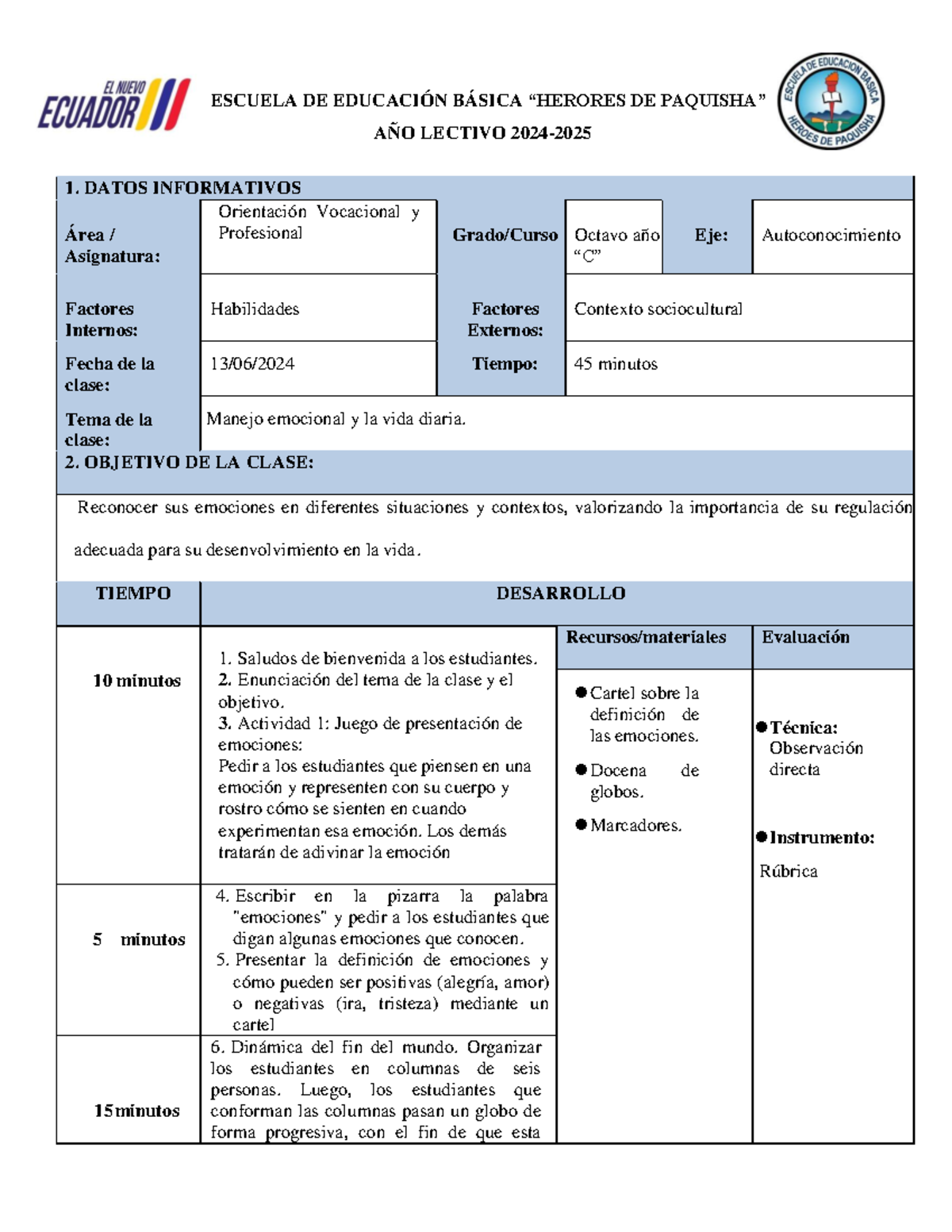 Planificación OVP Octavo - ESCUELA DE EDUCACIÓN BÁSICA “HERORES DE ...