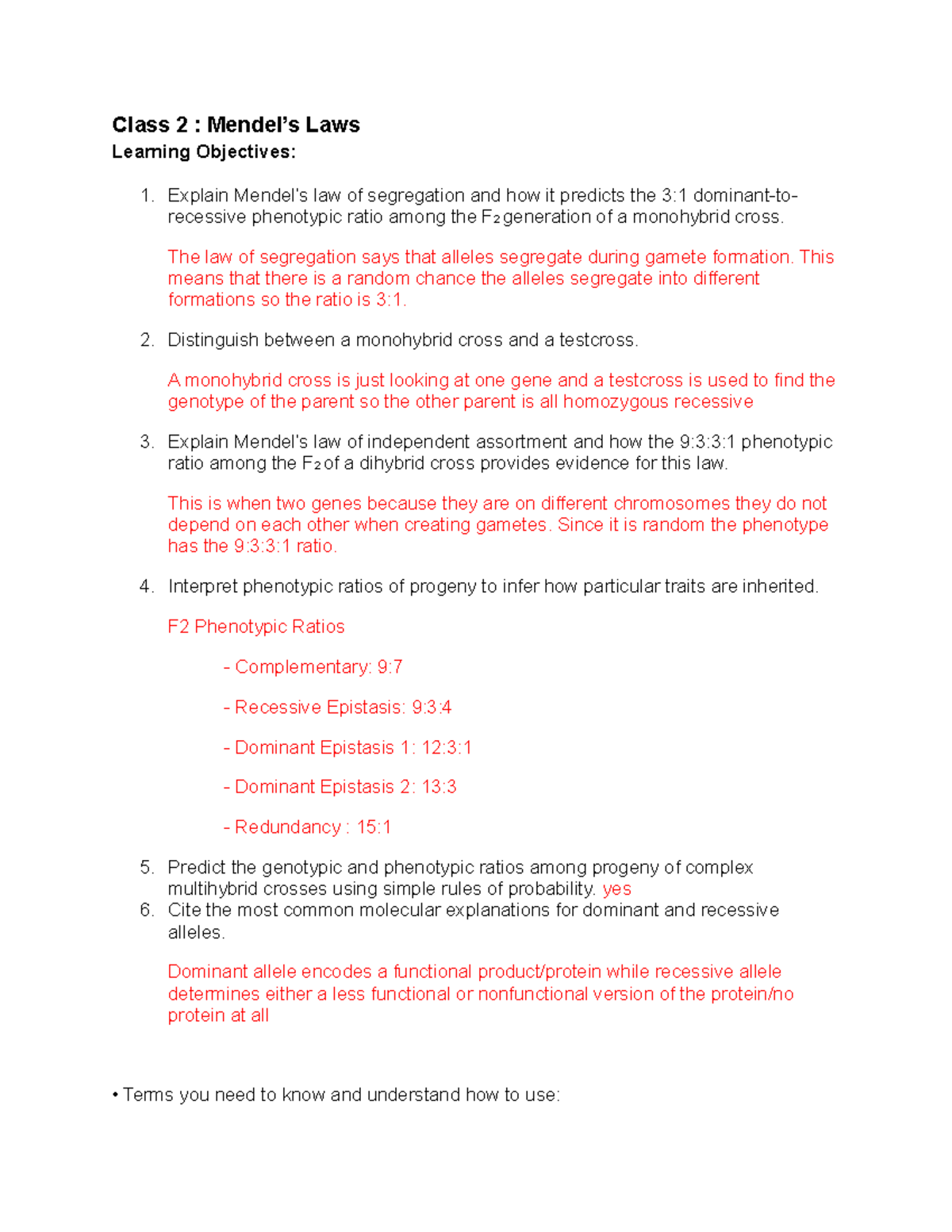 Exam 1 Learning Objectives - Class 2 : Mendel’s Laws Learning ...