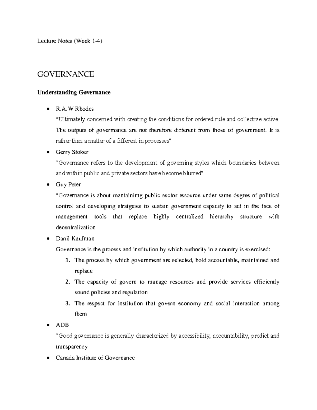 Summary Governance - Lecture Notes (Week 1-4) GOVERNANCE Understanding ...