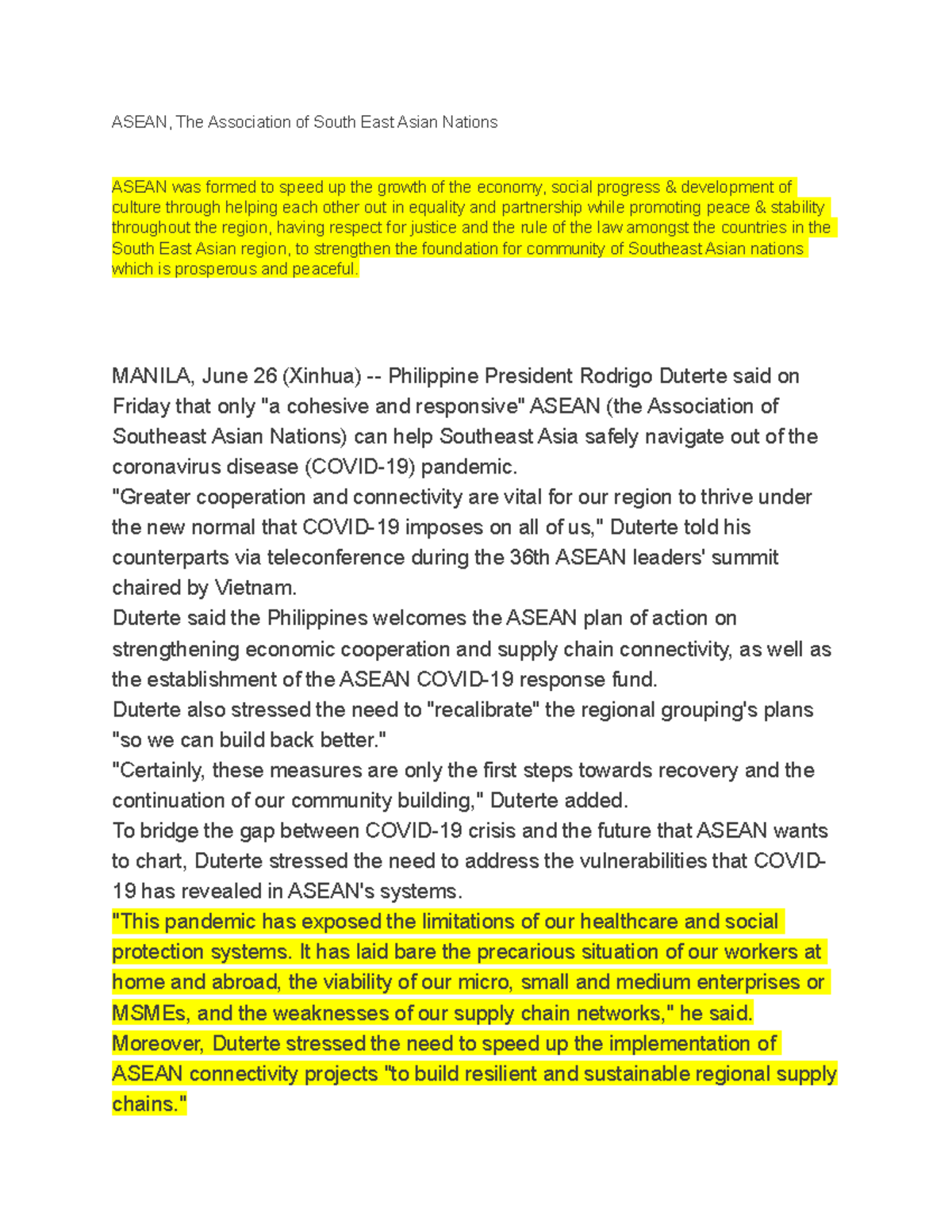 Asean - Lecture notes 2 - ASEAN, The Association of South East Asian ...