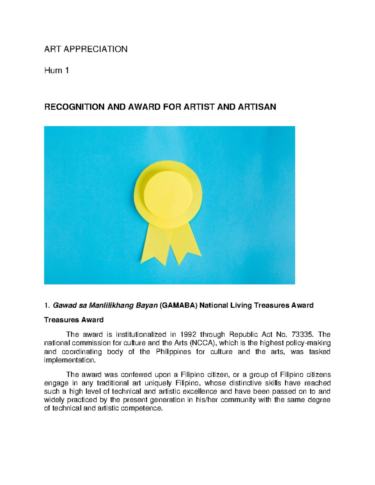 Art Appreciation Hum 1 - Recognition and Award for Artist and Artisan ...