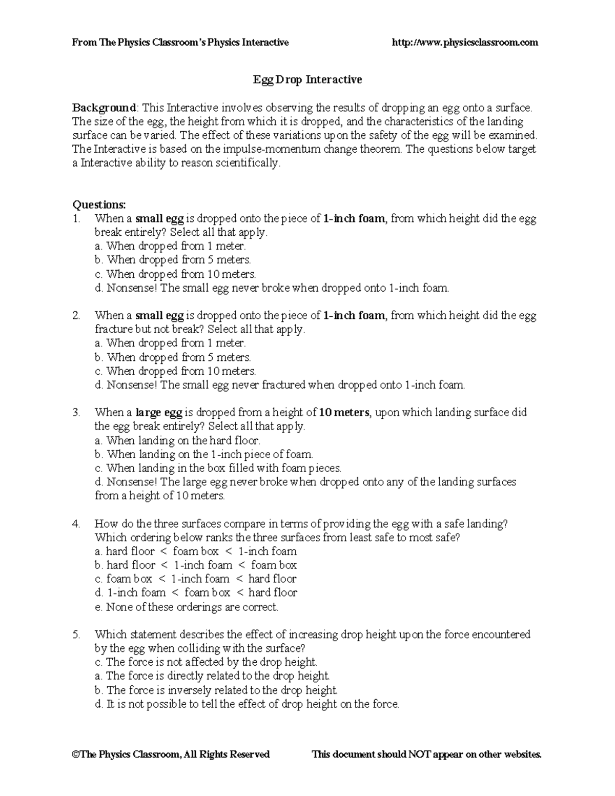 Egg Drop Interactive Egg Drop Activity For Physics From The Physics Classrooms Physics