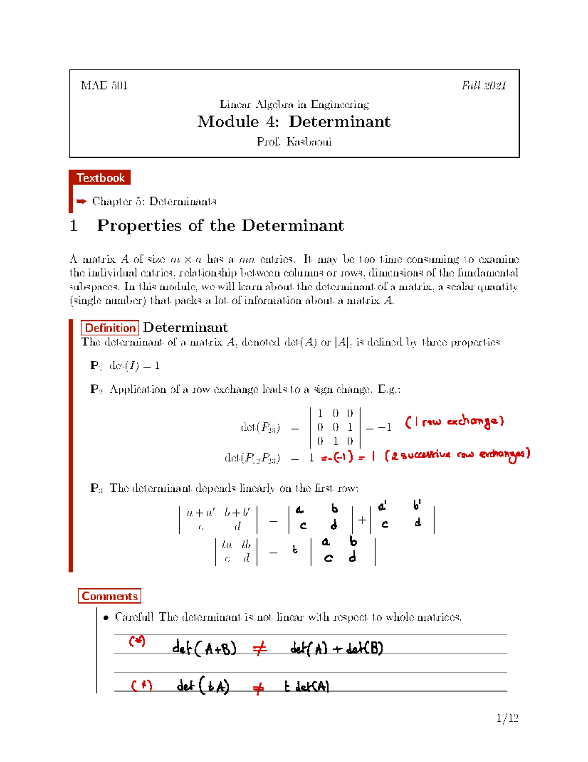 Linear Algebra in Engineering Module 4: Determinant - MAE 501 Fall 2021 Linear Algebra in - Studocu
