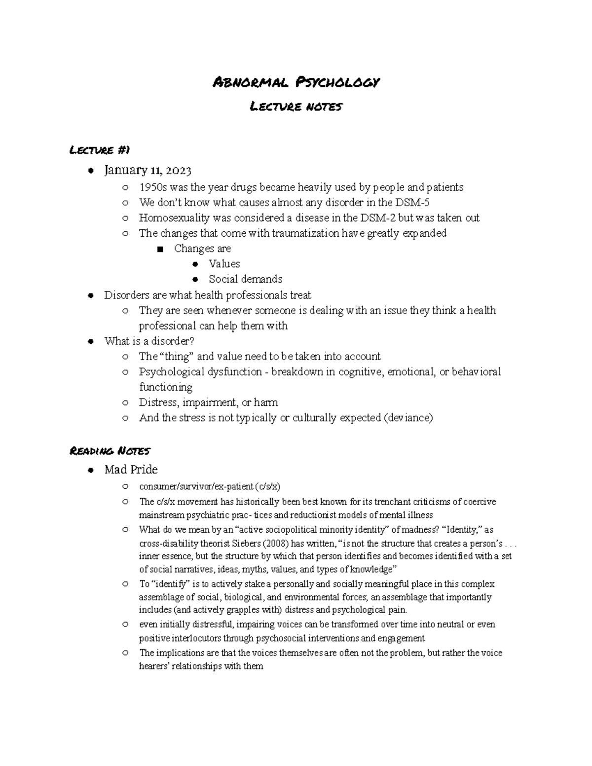 Abnormal Psychology - Lecture 1 Notes - Abnormal Psychology Lecture ...