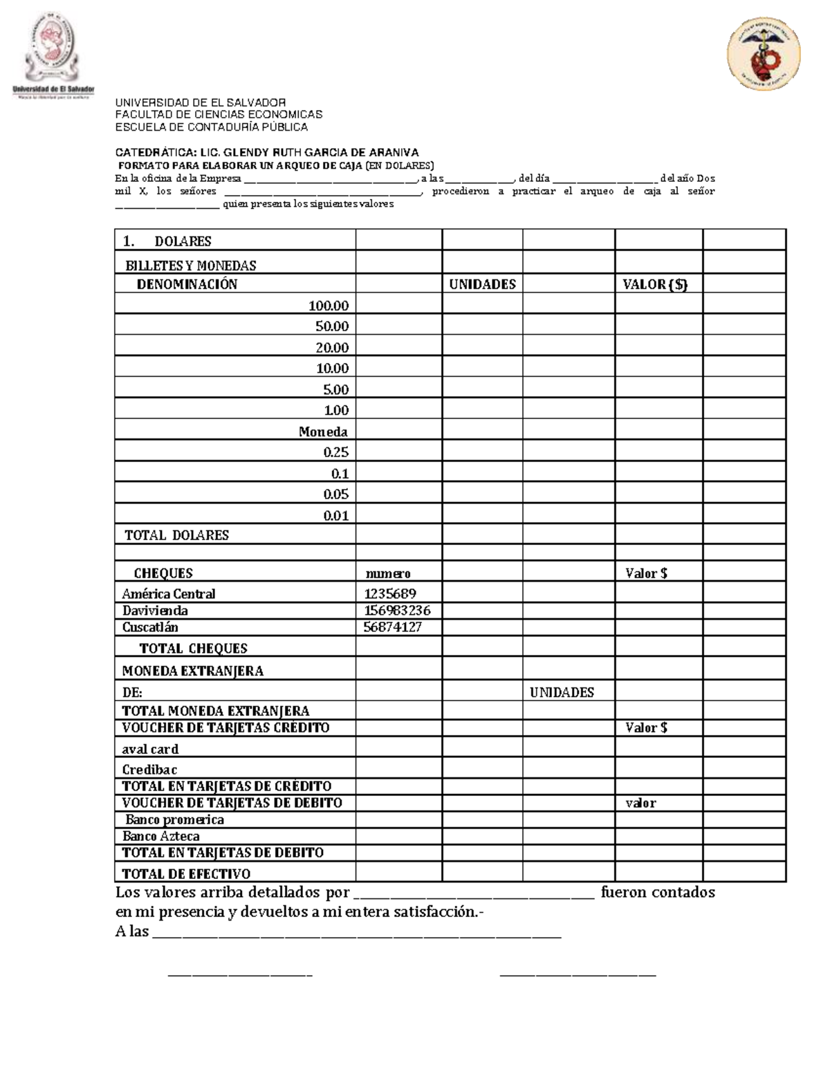 Arqueo de caja - dgfjgjgjgy - UNIVERSIDAD DE EL SALVADOR FACULTAD DE ...