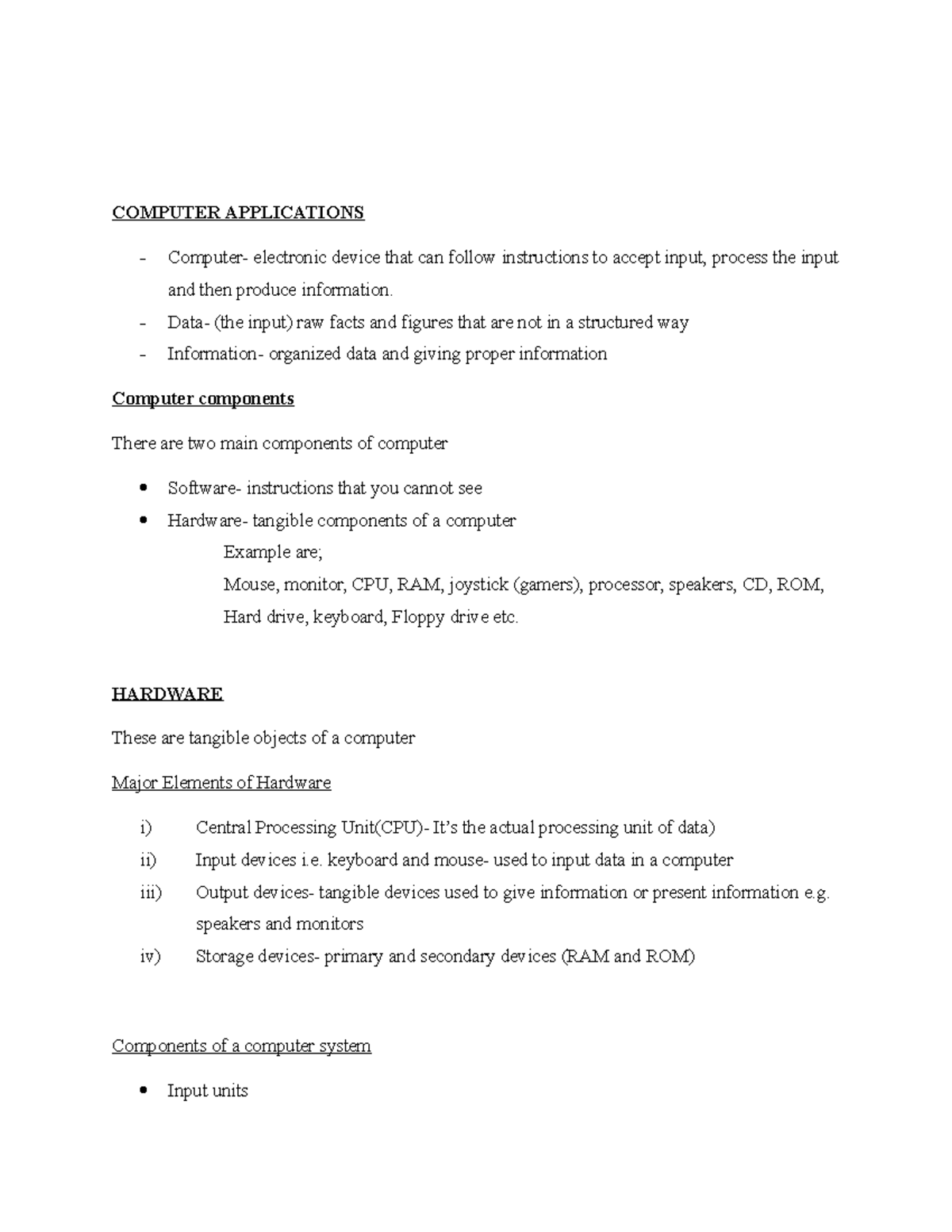Task 1 - Lecturer's summary - COMPUTER APPLICATIONS - Computer ...