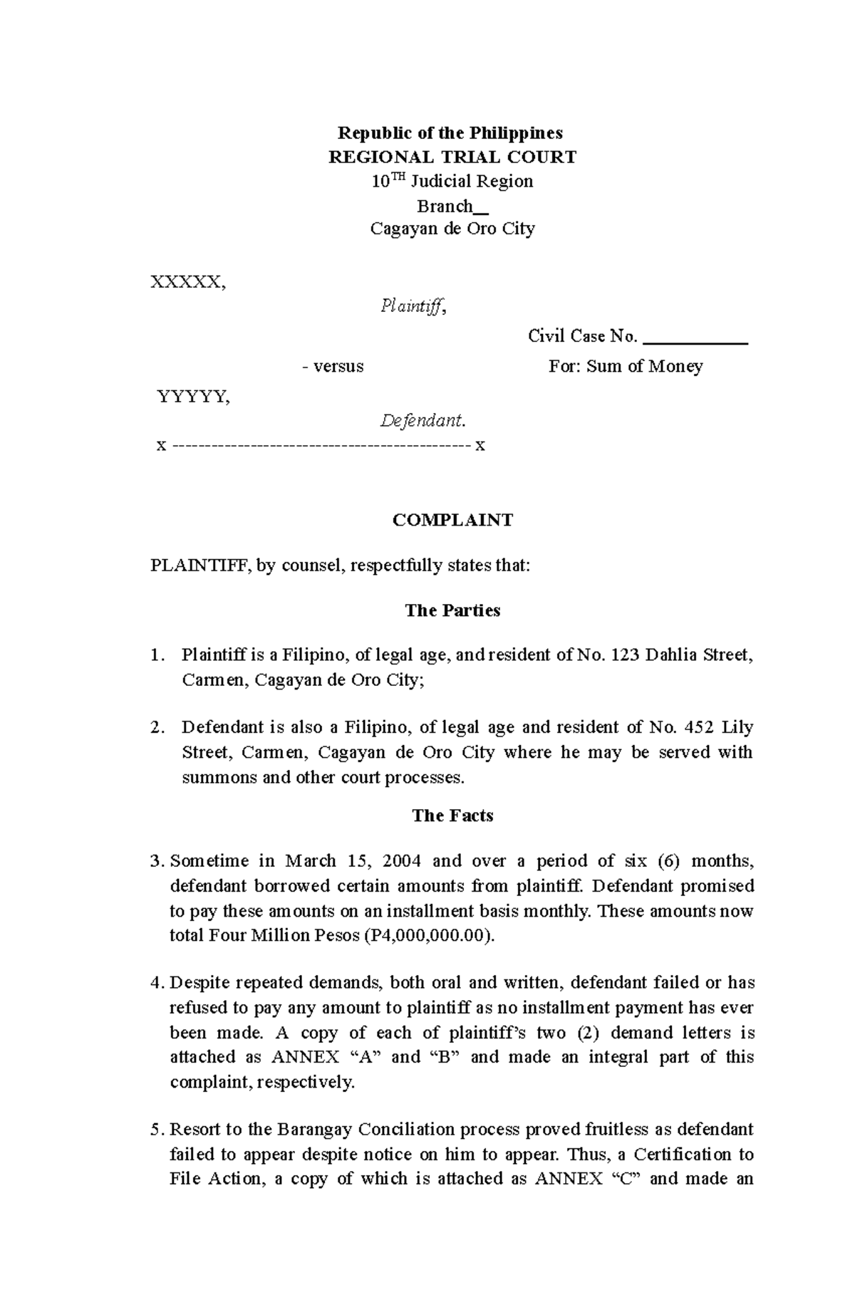 Complaint ( Civil) - Republic of the Philippines REGIONAL TRIAL COURT ...