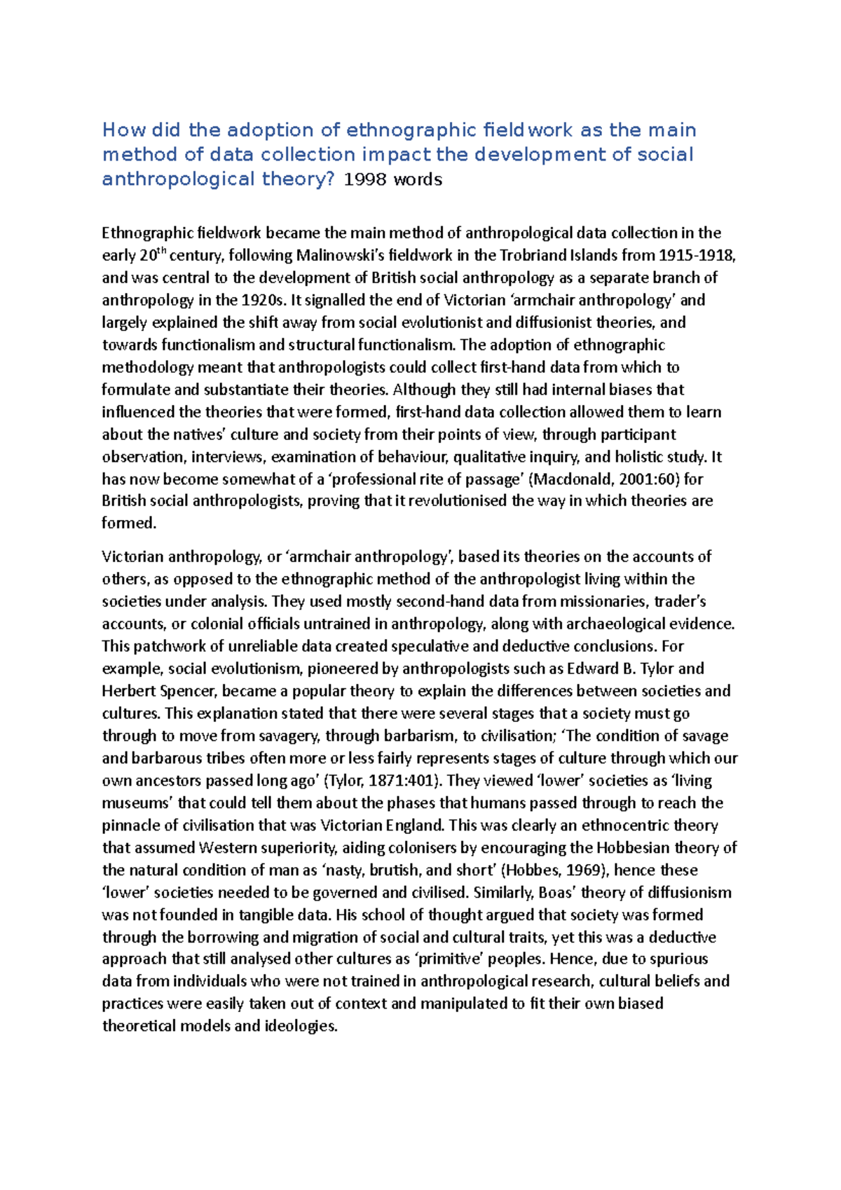 BH Sample Essay 1 - How did the adoption of ethnographic fieldwork as ...