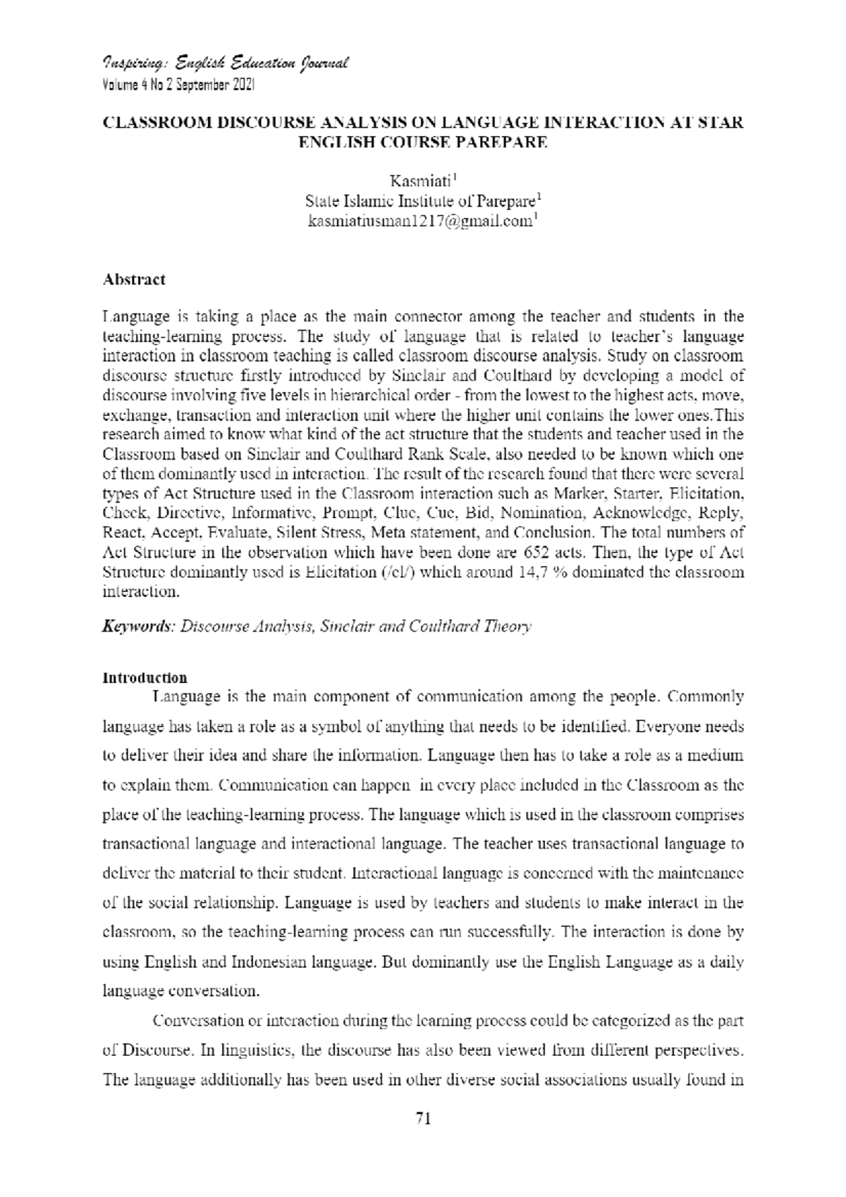 Classroom Discourse Analysis On Language Interaction At The First Level