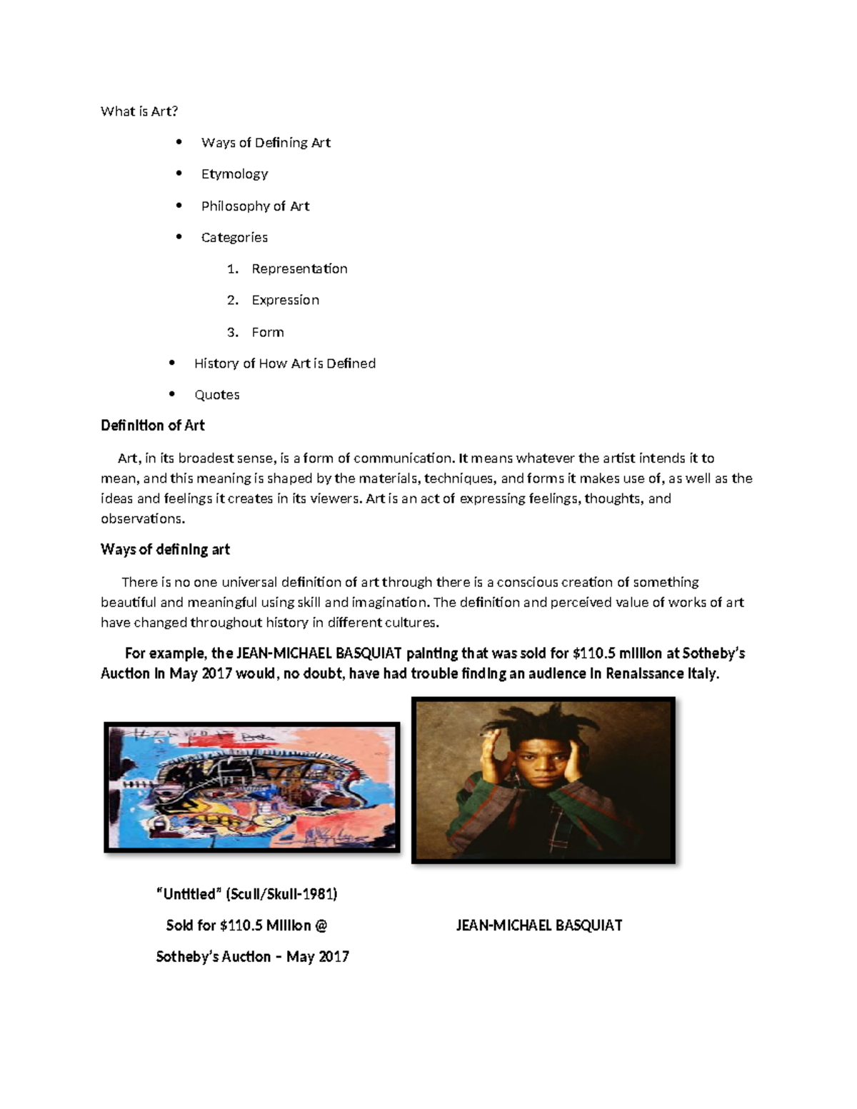 Lesson 1 Lecture note - summary notes - What is Art? Ways of Defining ...