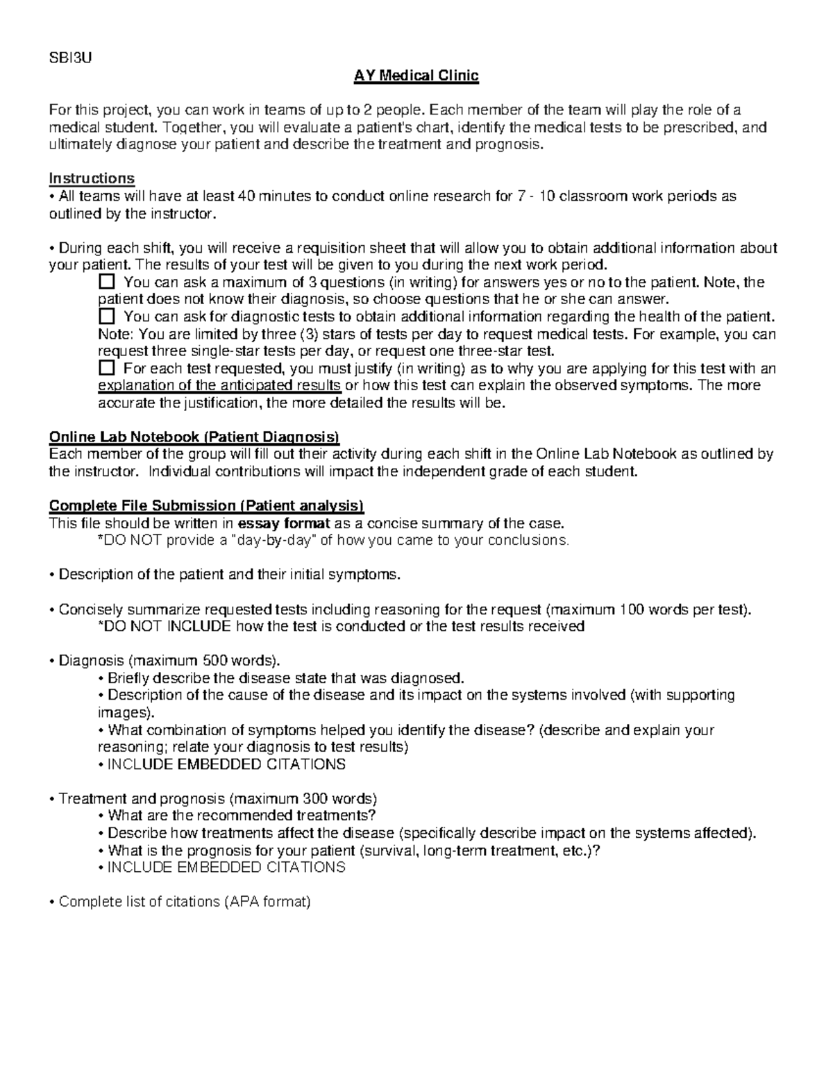 E - Medical Clinic Project Outline - SBI3U AY Medical Clinic For this ...