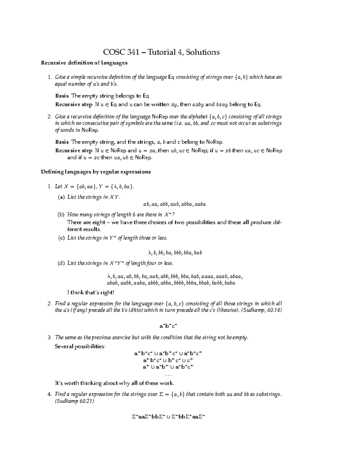 COSC341 2017 Tutorial 4 - Solutions - COSC 341 – Tutorial 4, Solutions Recursive definition of ...