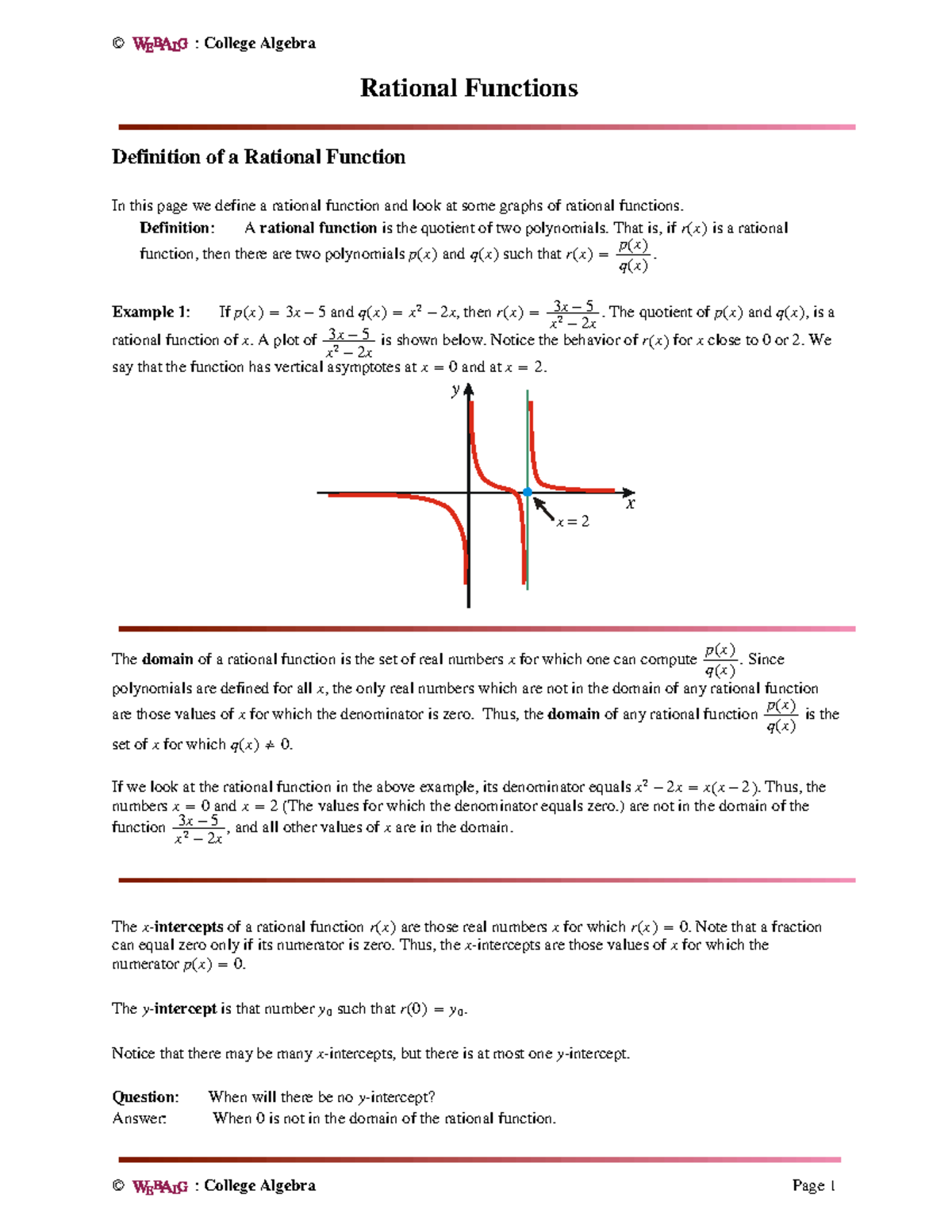 Sratfunc 0101 - © : College Algebra Rational Functions Definition of a ...