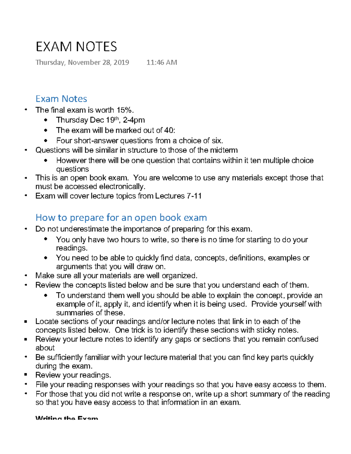 EXAM Notes - Exam Notes The final exam is worth 15%. - Thursday Dec ...