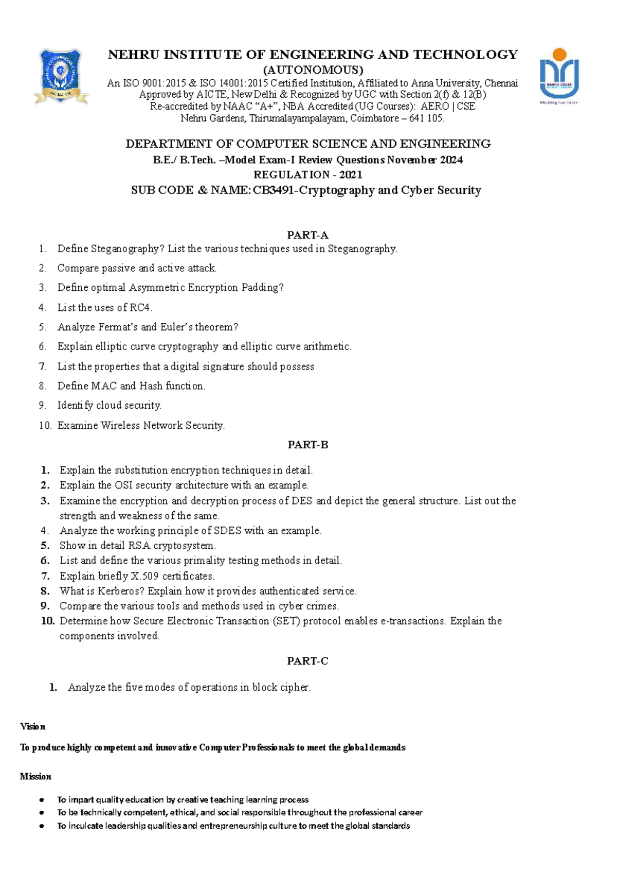 Review Questions Model-I - PART-A 1. Define Steganography? List the ...