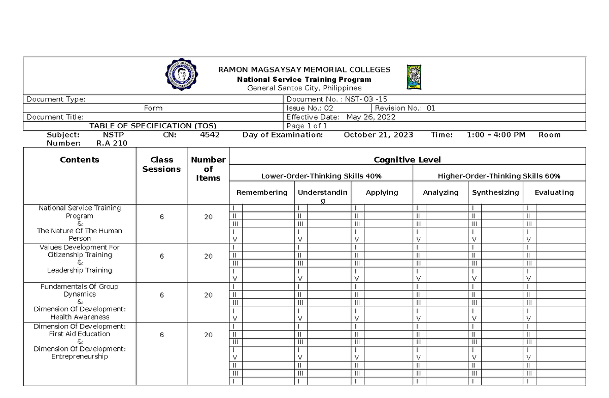TOS FORM NEW Format 2022 NSTP - RAMON MAGSAYSAY MEMORIAL COLLEGES ...