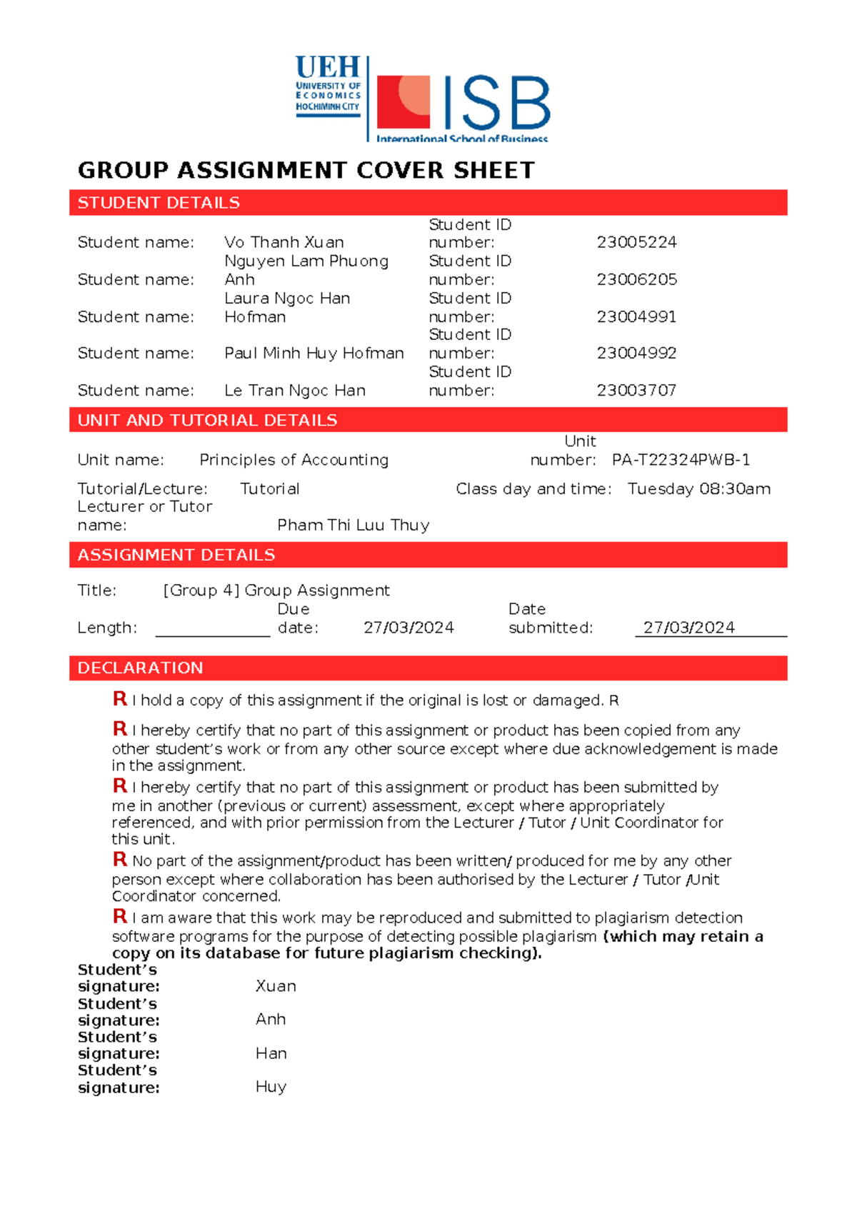 Group 4 Biweekly Assignment - GROUP ASSIGNMENT COVER SHEET STUDENT ...